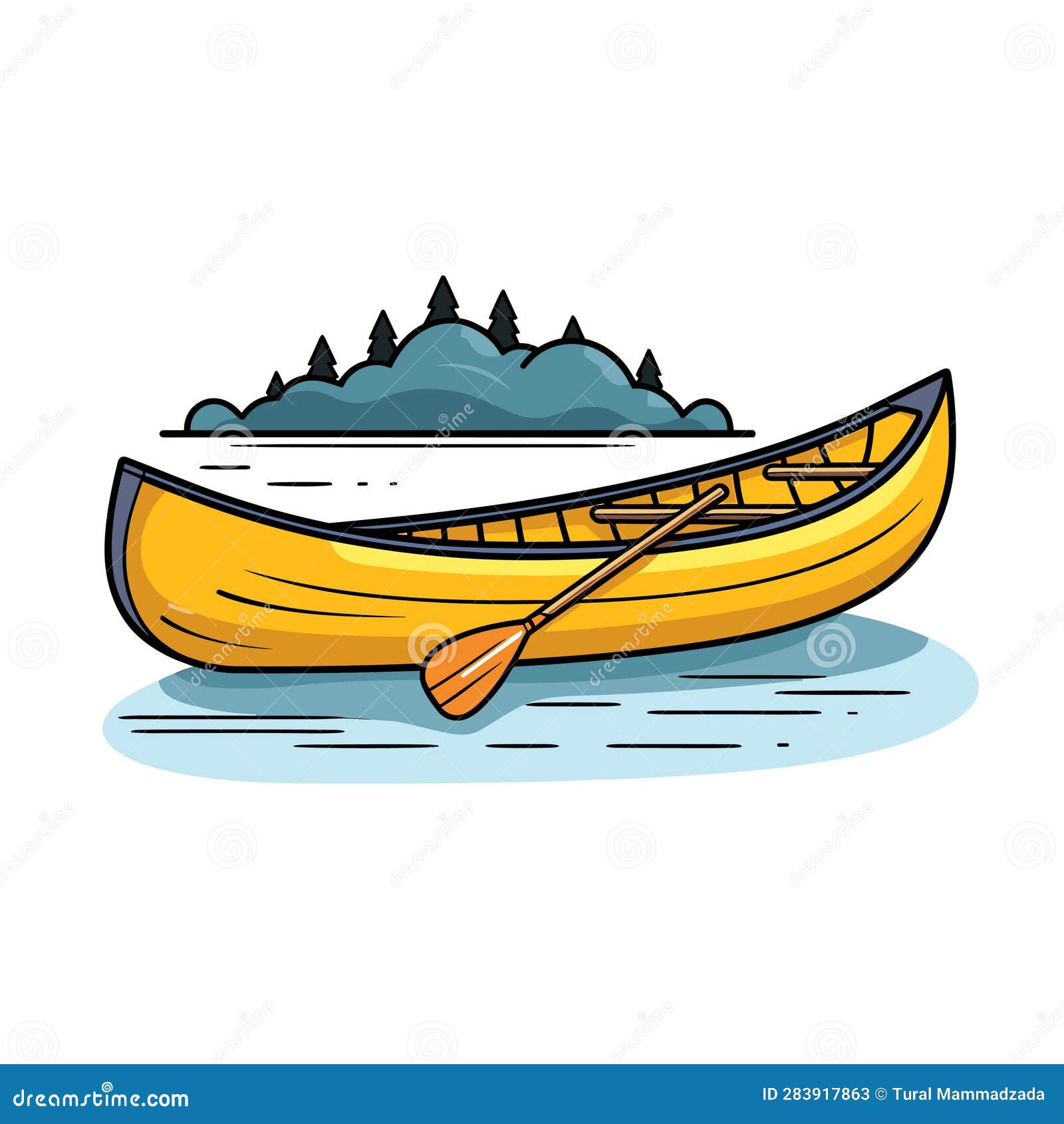 Vector of a Yellow Canoe Floating on Calm Water with a Paddle Ready for ...