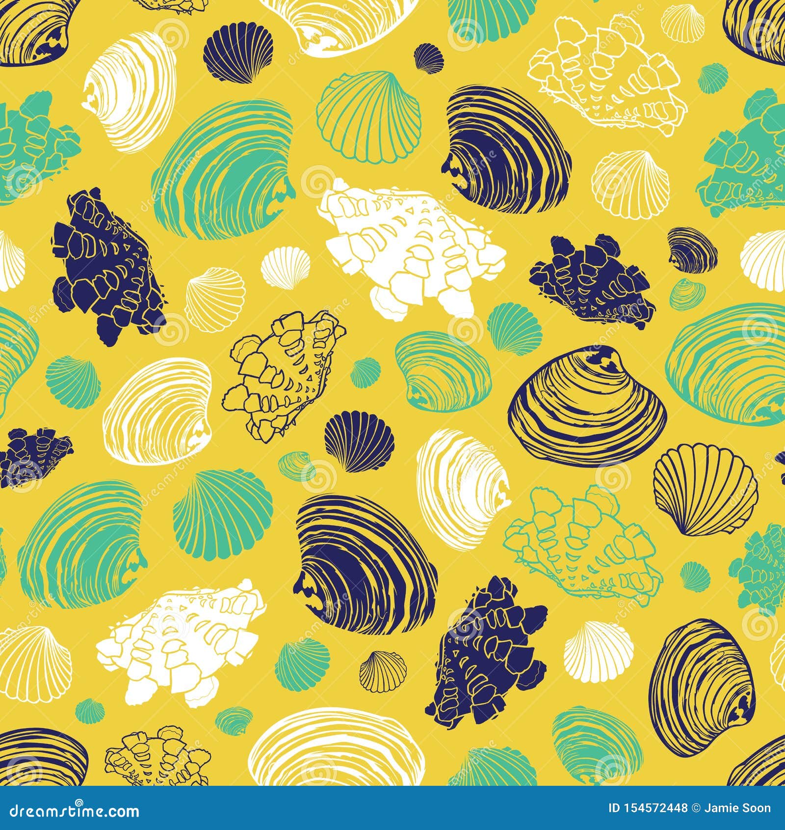 Vector Yellow Repeat Pattern with Variety of Seashells. Perfect for ...