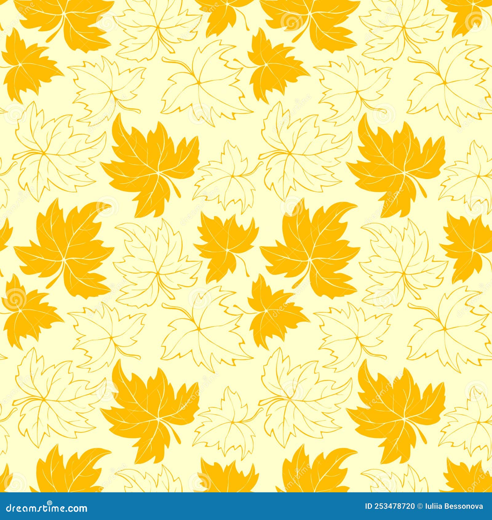 Vector Yellow Seamless Pattern with Outline Falling Golden Leaves in ...