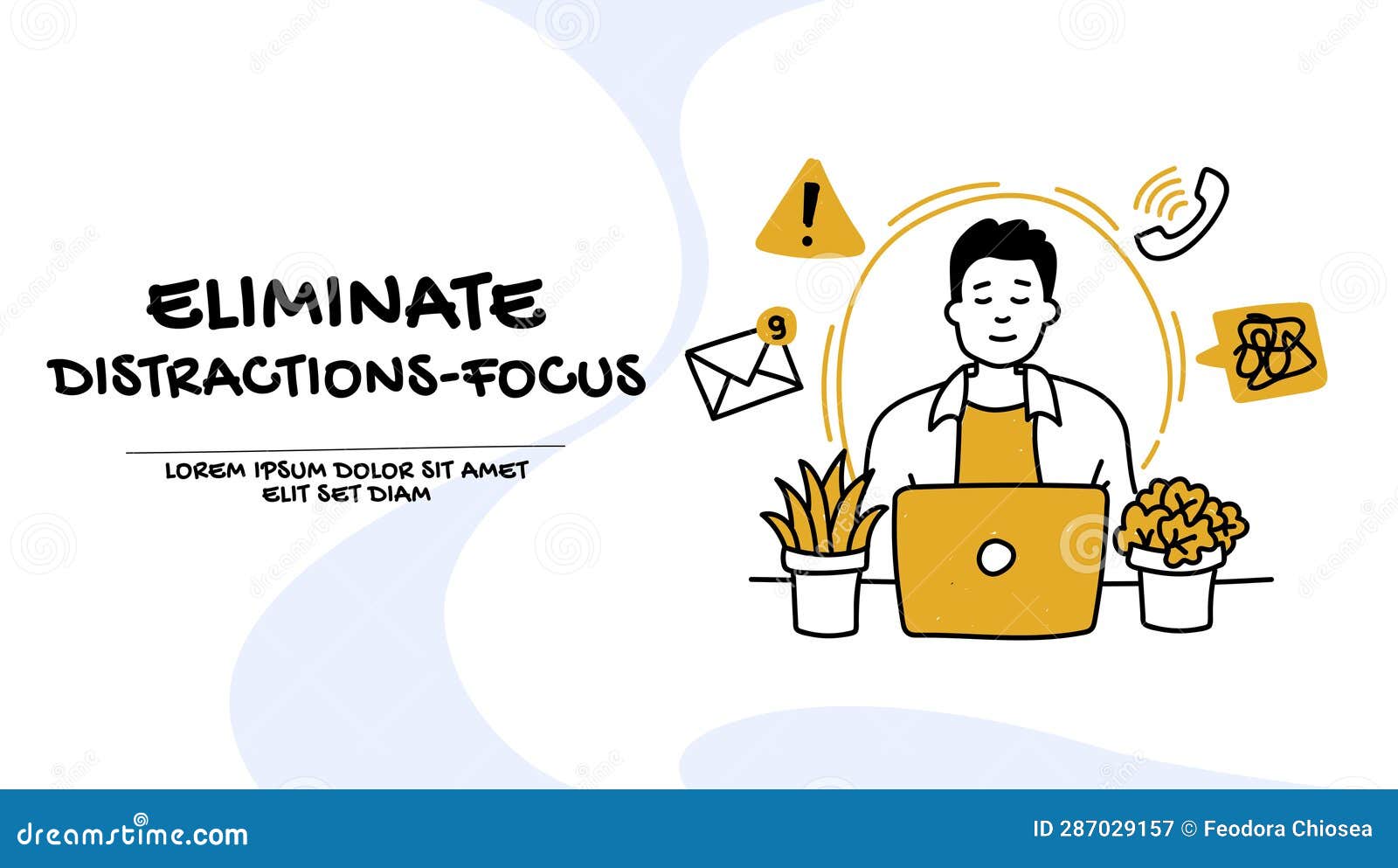 Vector of a Young Man Staying Focused while Working in a Office on His ...