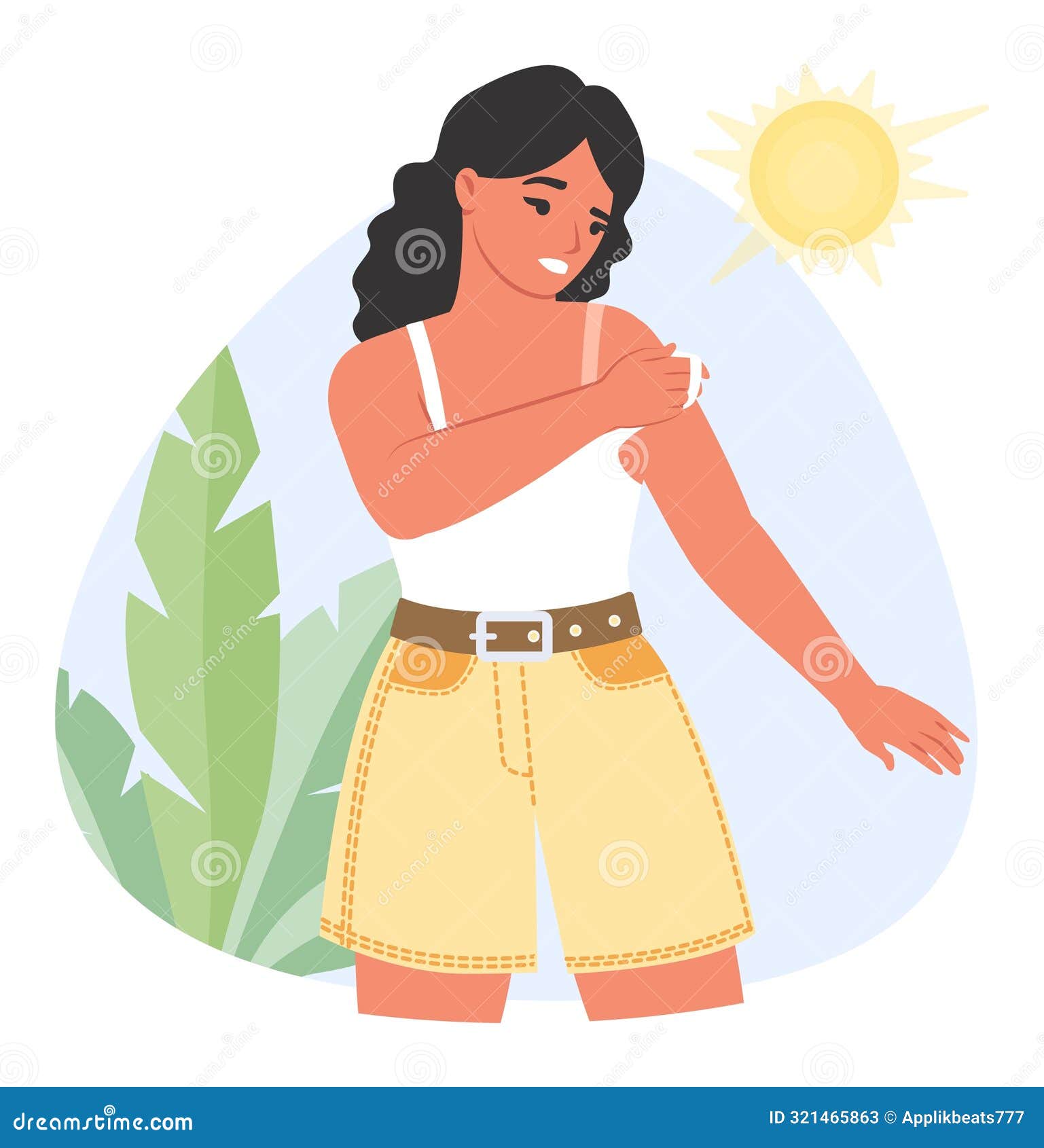 Vector Young Woman With Sunburn Problem Under Sun Stock Vector