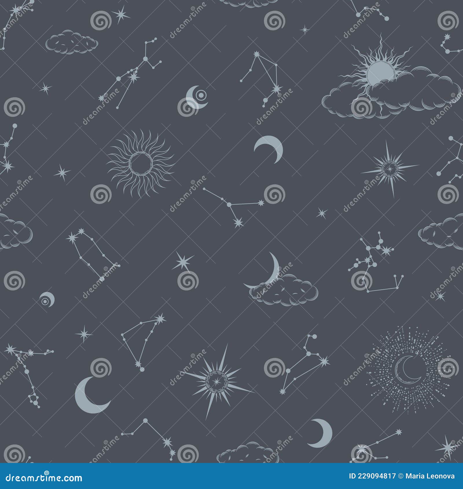 Constellations Seamless Pattern. Night Background With Stars, Planents And Leaves Vector ...