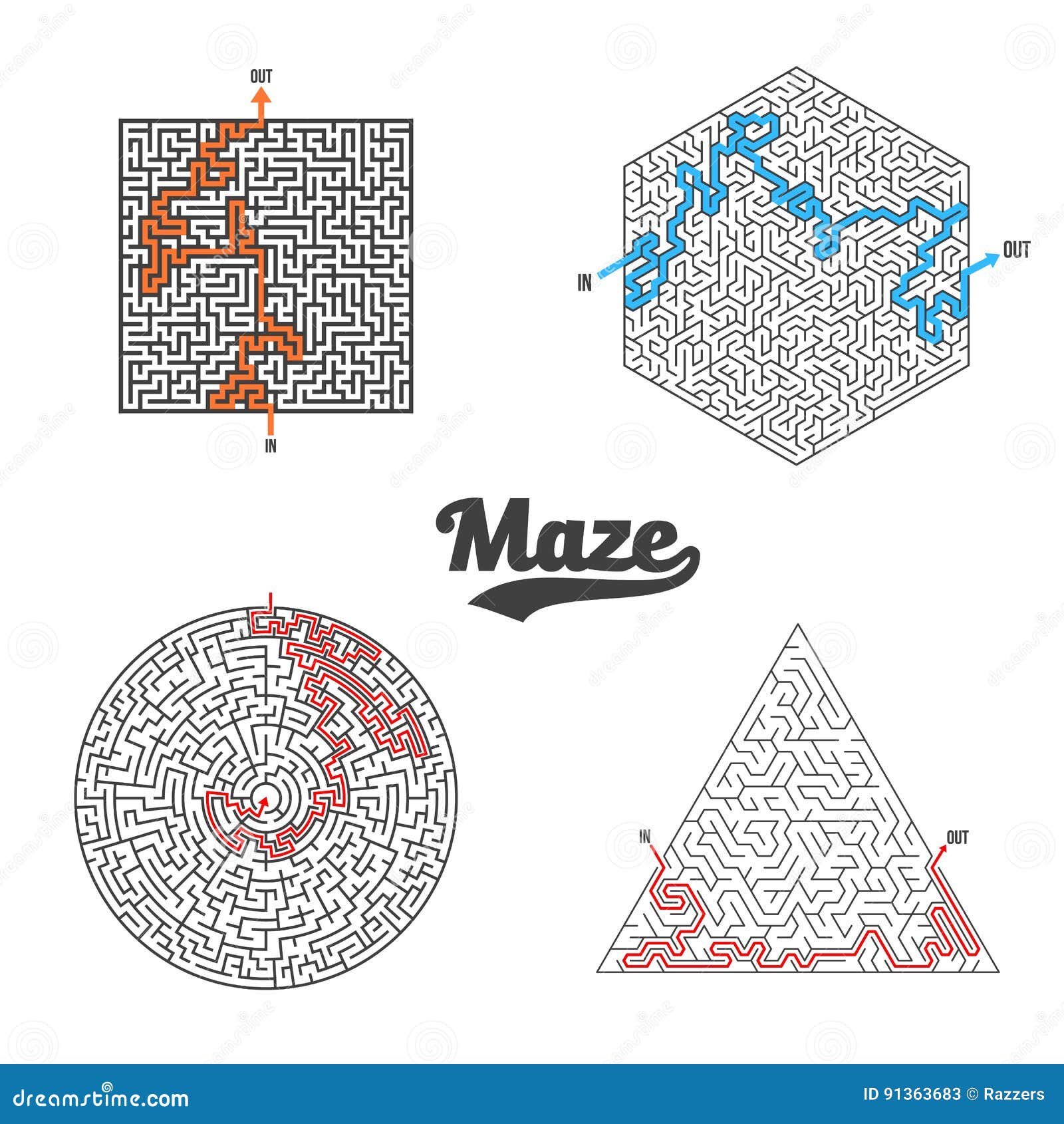 Vectormaze Set Isolated Het Raadsel Van Het Labyrintspel Vector ...