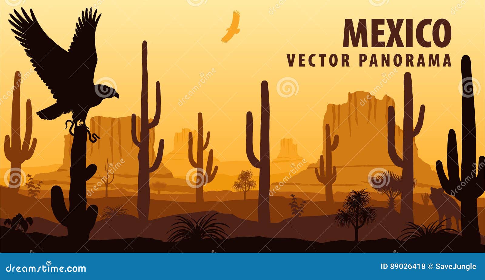 Vectorpanorama Van Mexico Met Adelaar in Woestijn Vector Illustratie ...
