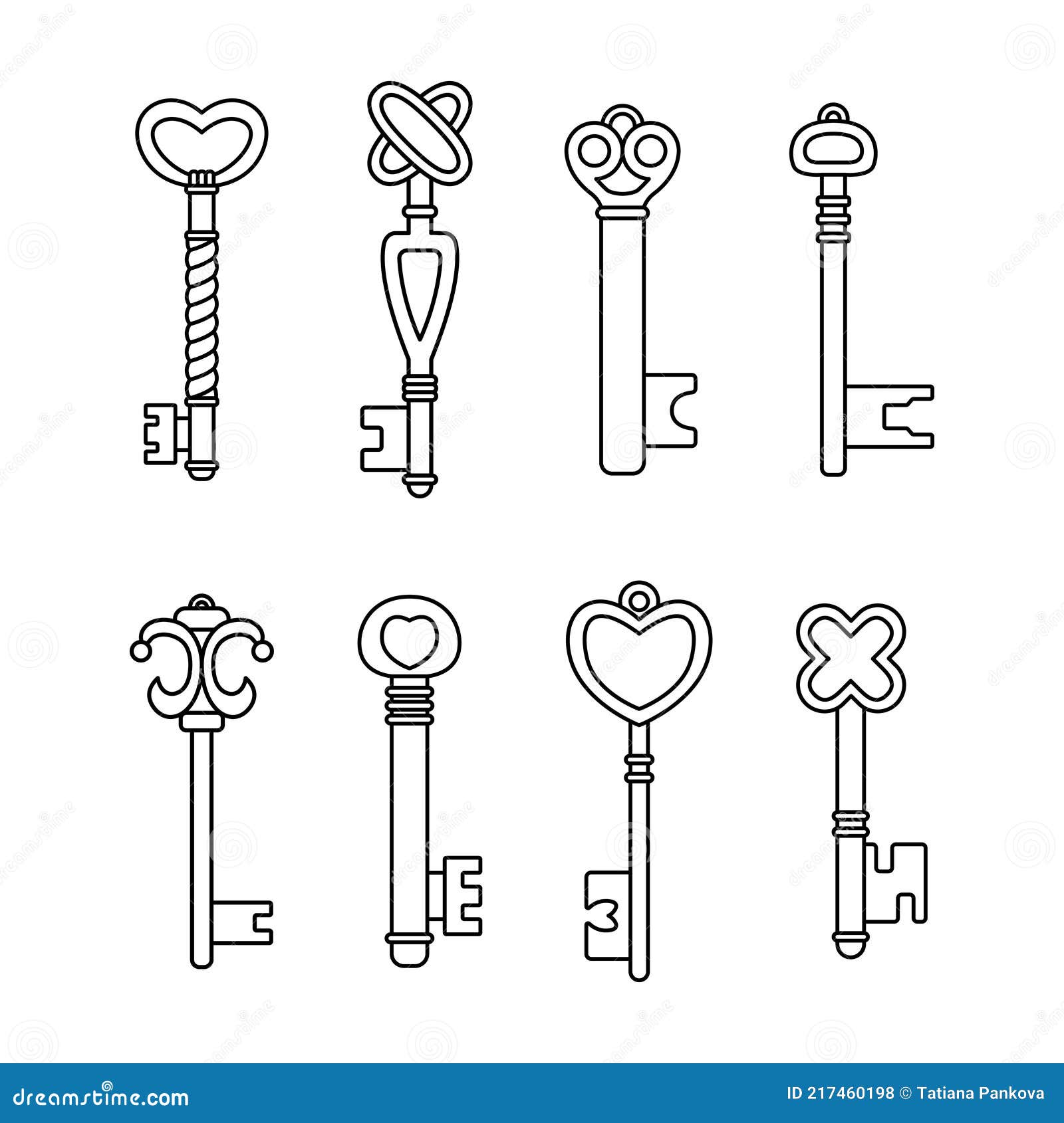 Vector Set of Retro Keys in Outline Style Stock Vector - Illustration ...