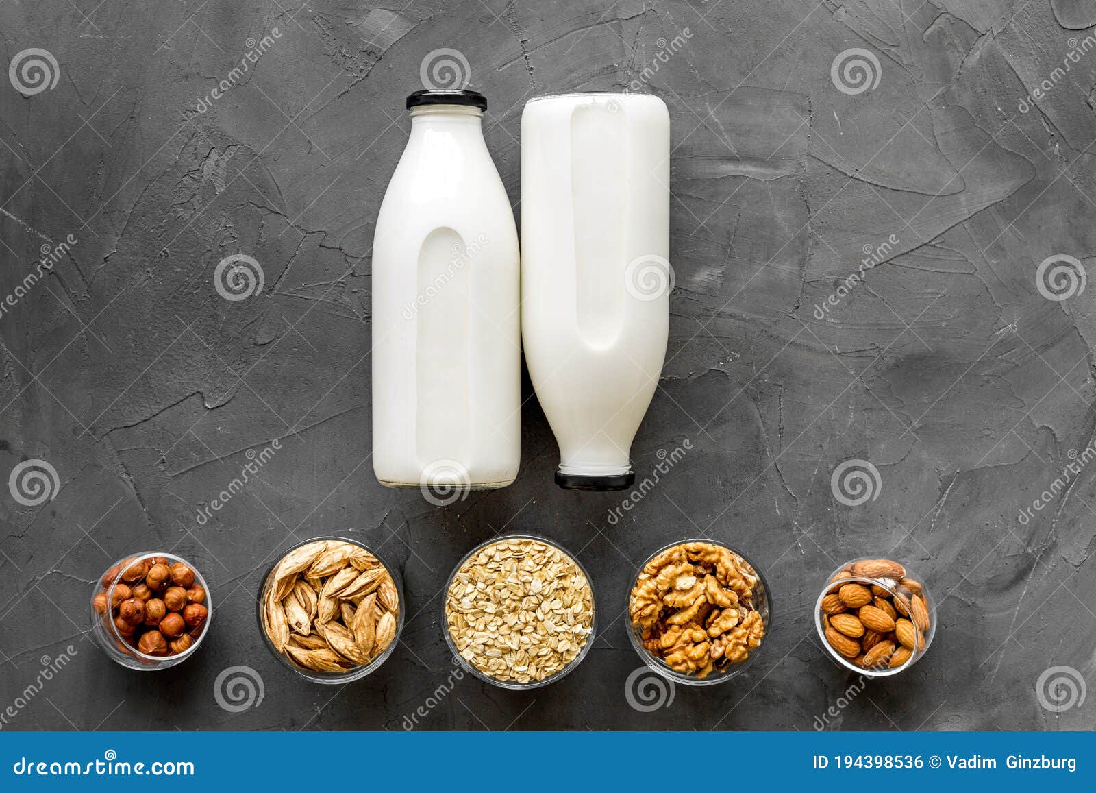 Vegan Non-diary Milk. Alternative Types of Milk with Nuts and Oat Stock ...