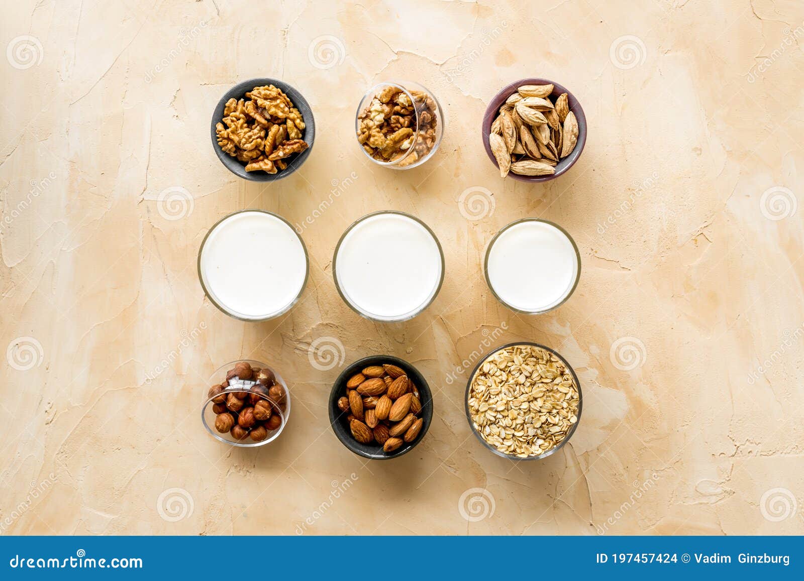 Vegan Non-diary Milk. Alternative Types of Milk with Nuts and Oat Stock ...