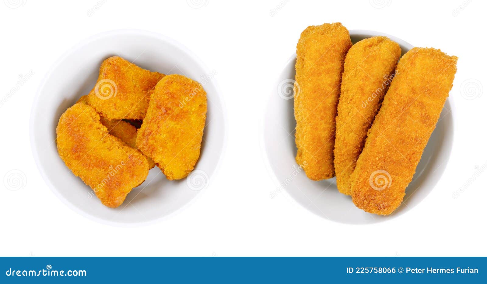 Fried Vegan Nuggets and Fishless Fingers, in White Bowls Over White ...