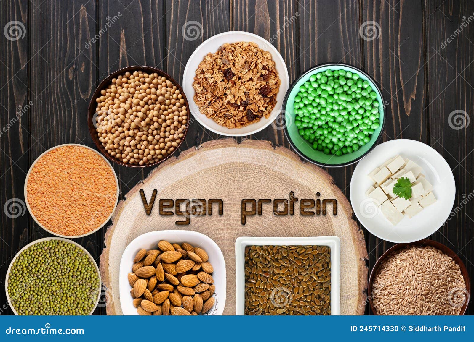 Vegan Protein Sources. Top View on a Black Wooden Background. Stock ...