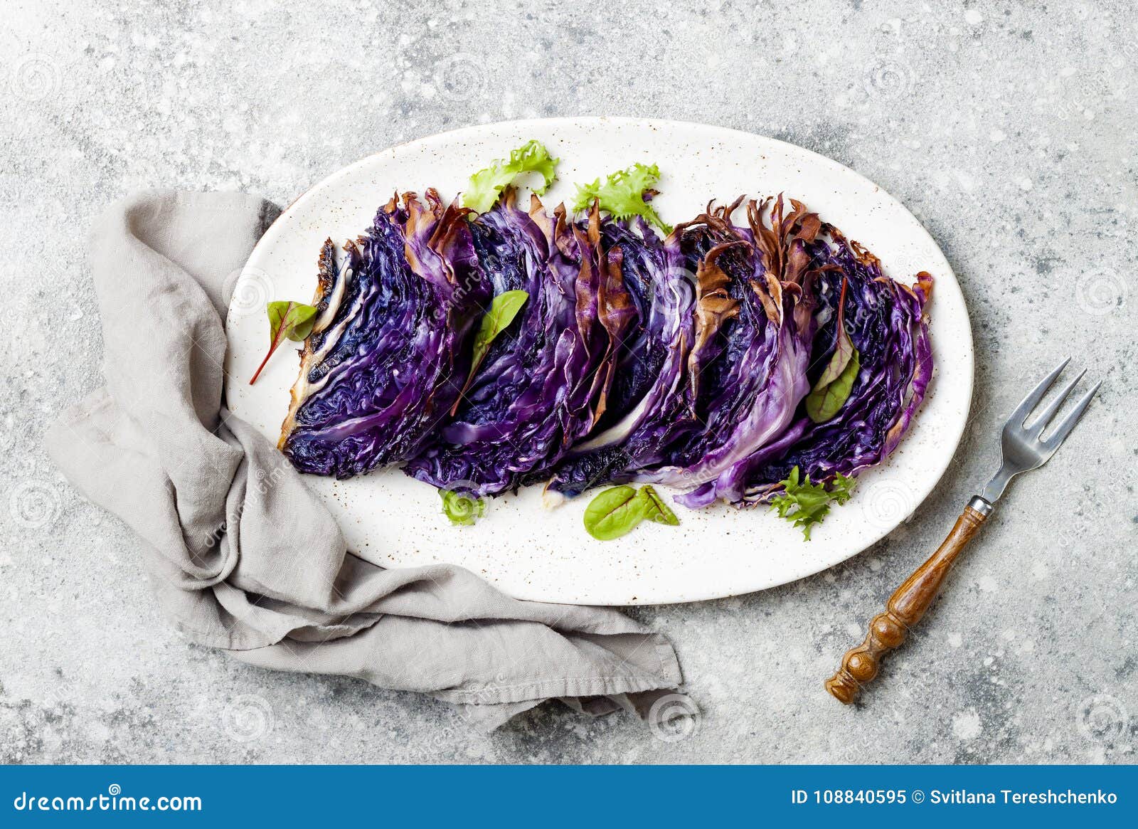 Vegan Roasted Red Cabbage Steaks on Grey Concrete Background. Top View ...