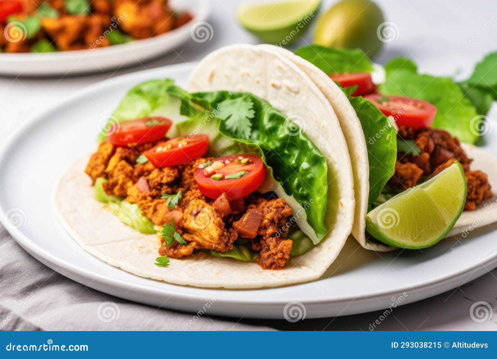 Vegan Soft Shell Taco with Tempeh, Lettuce, and Tomato Stock Image ...