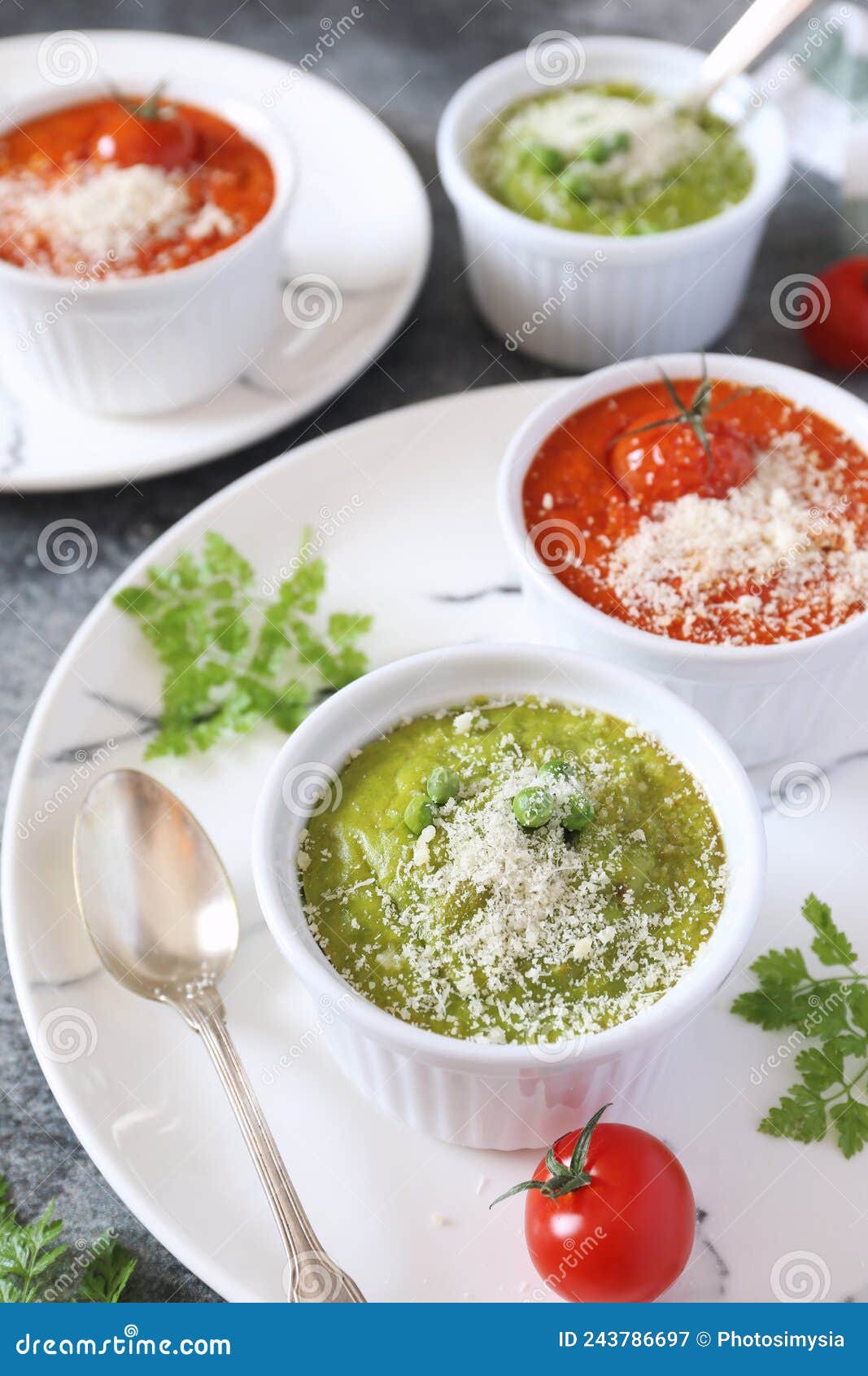Vegetable Appetizer: Green Pea Souffle and Tomato Souffle Stock Image ...