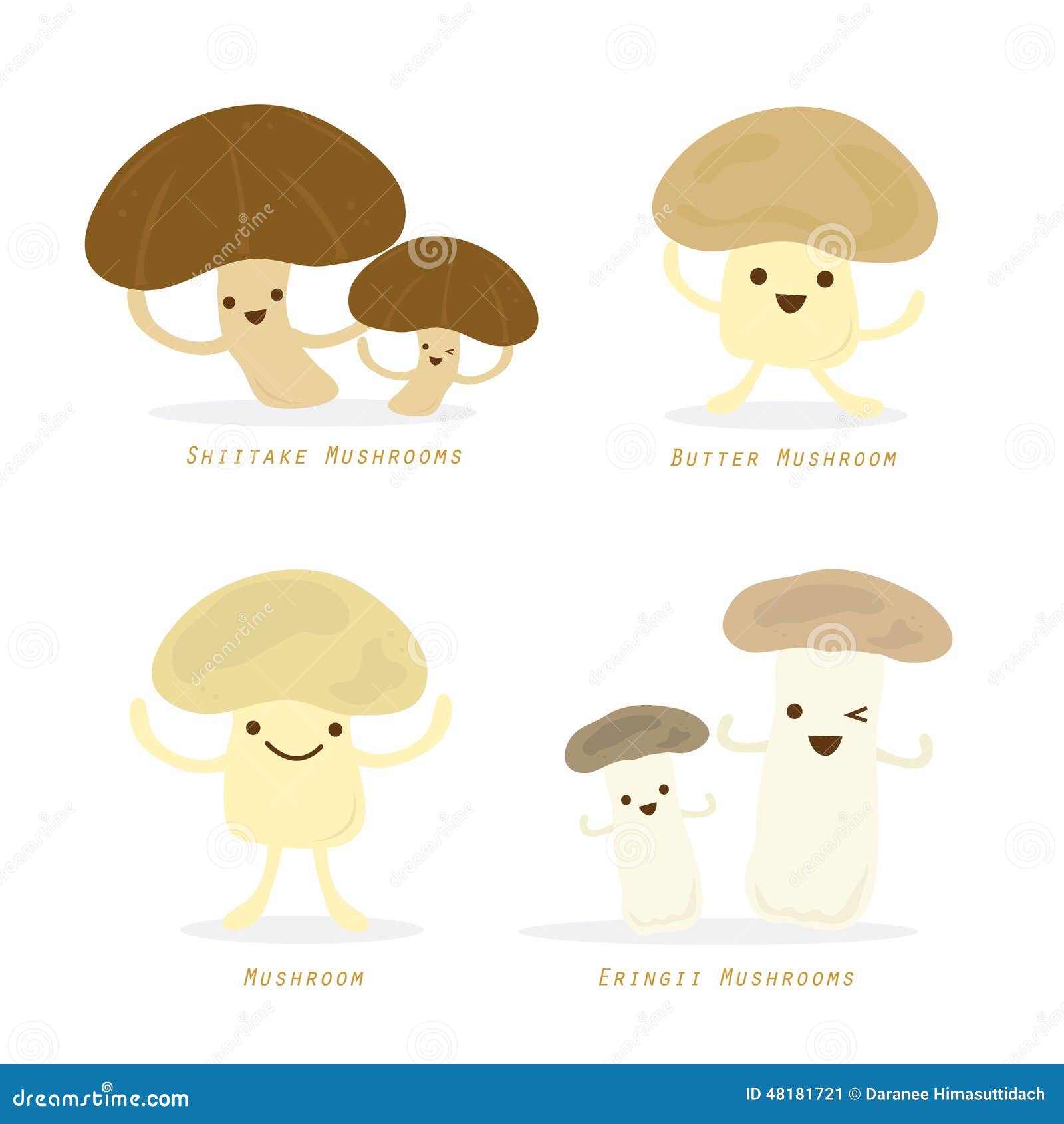 Vegetable Cartoon Cute Set Butter Shiitake Eringii Mushroom Vector ...