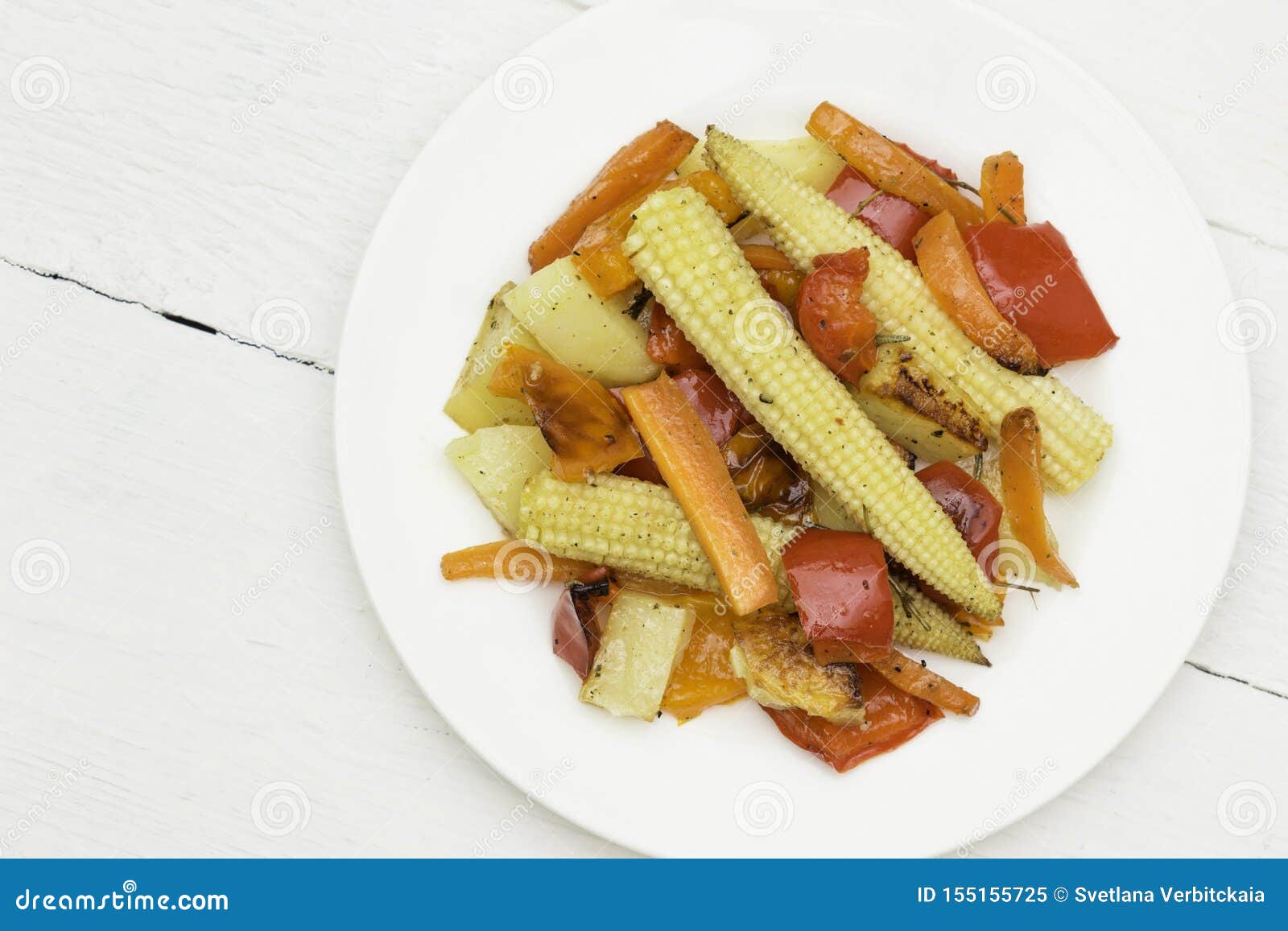 Baked Young Baby Corn and Vegetables on Plate. Stock Image - Image of ...