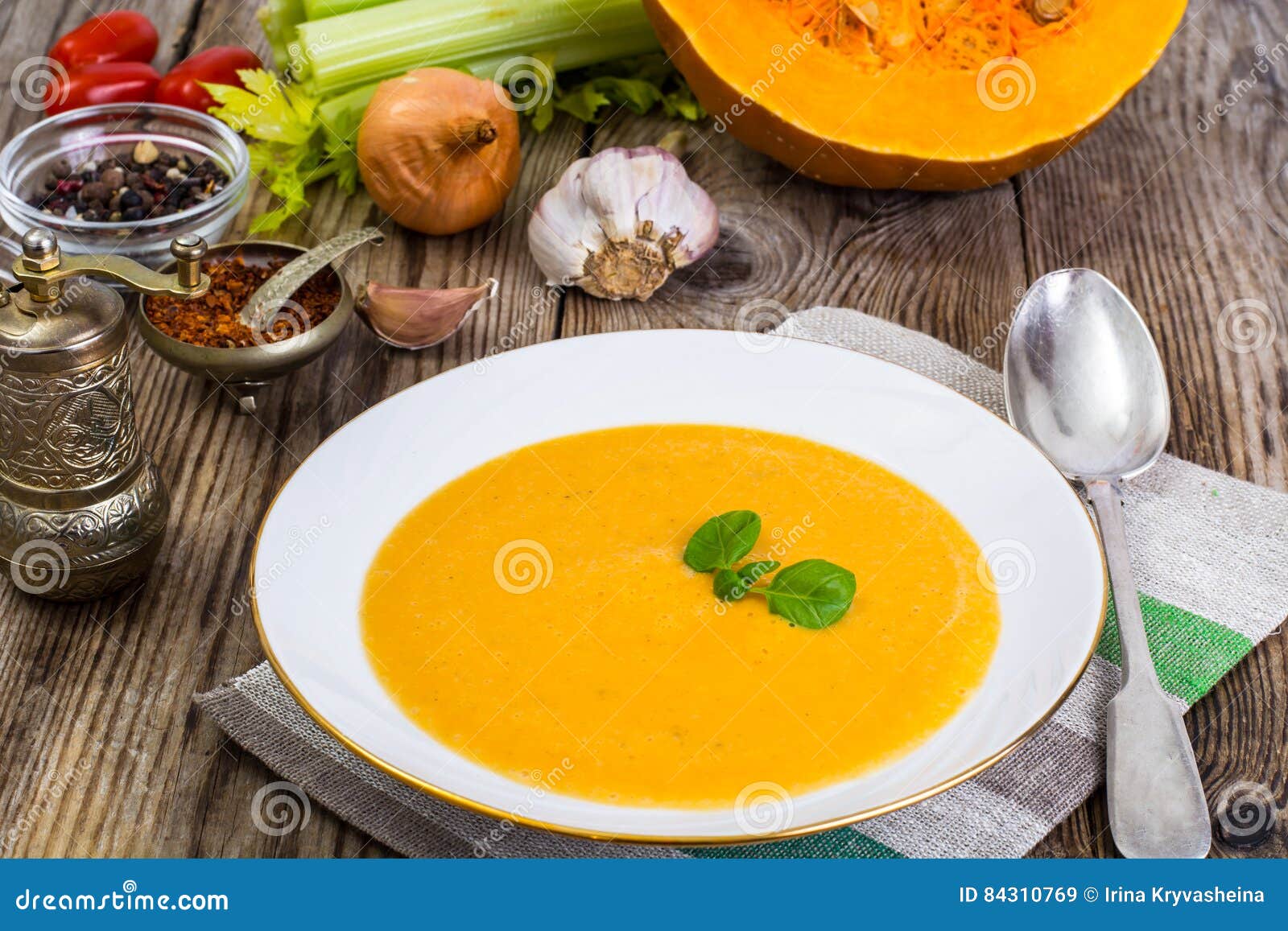 Vegetable Cream Soup with Celery, Pumpkin, Basil Stock Image - Image of ...