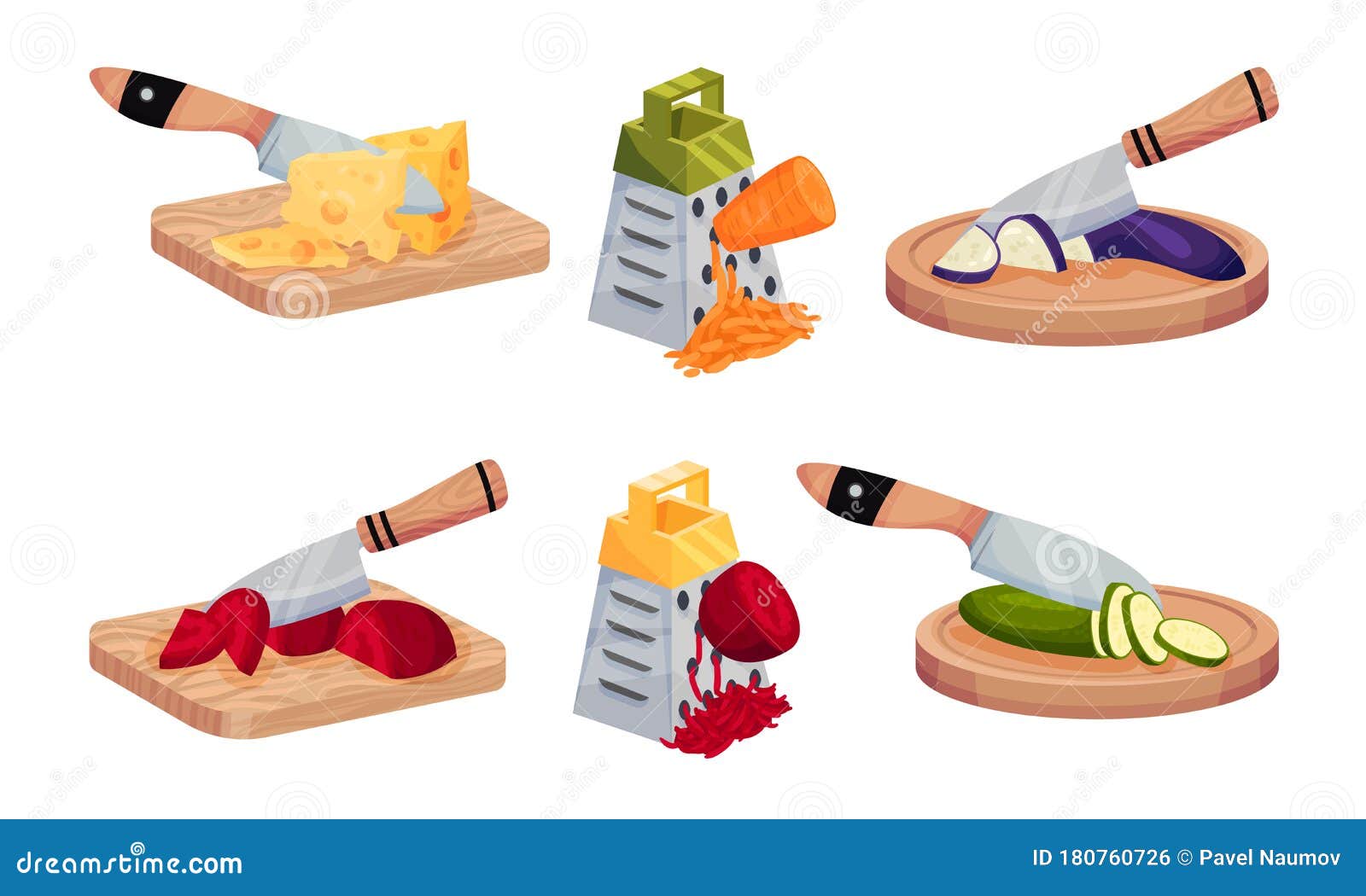 Vegetable Cutting with Knife and Grating with Grater Vector Set Stock ...