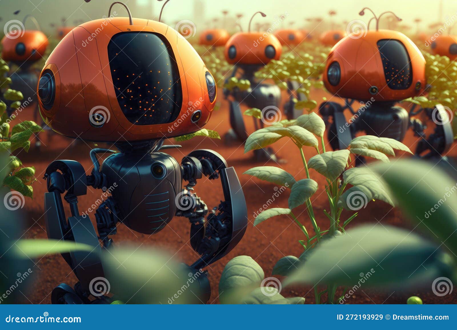 Vegetable Field with Robots in Action, Efficiently Tending To the Crops ...