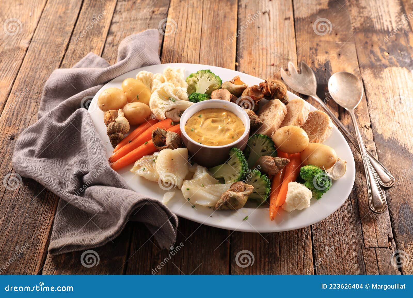 Vegetable, Fish and Dipping Sauce Stock Photo - Image of dinner ...