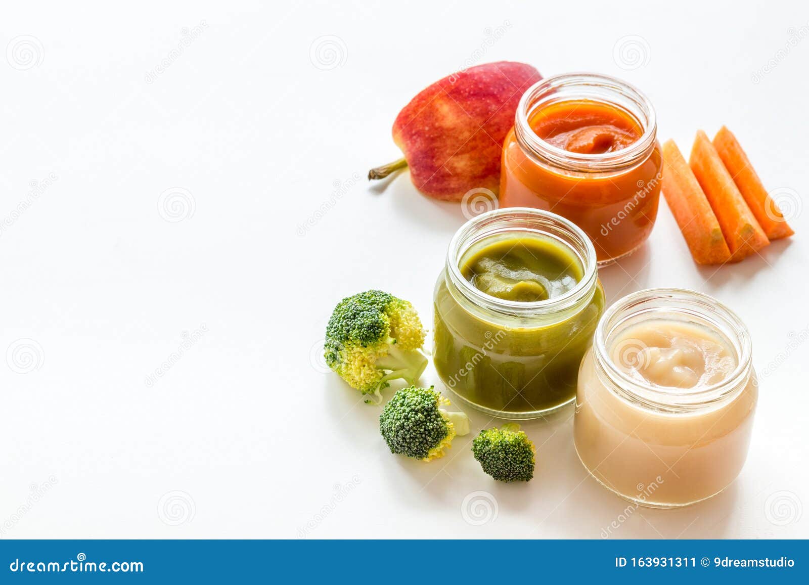 Vegetable and Fruits Puree for Feed Babies on White Background Copy ...