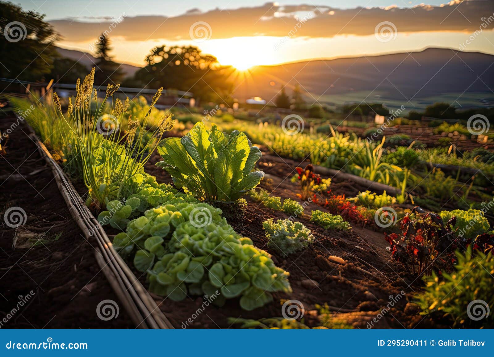 A Vegetable Garden with the Sun Setting in the Background Stock Image ...