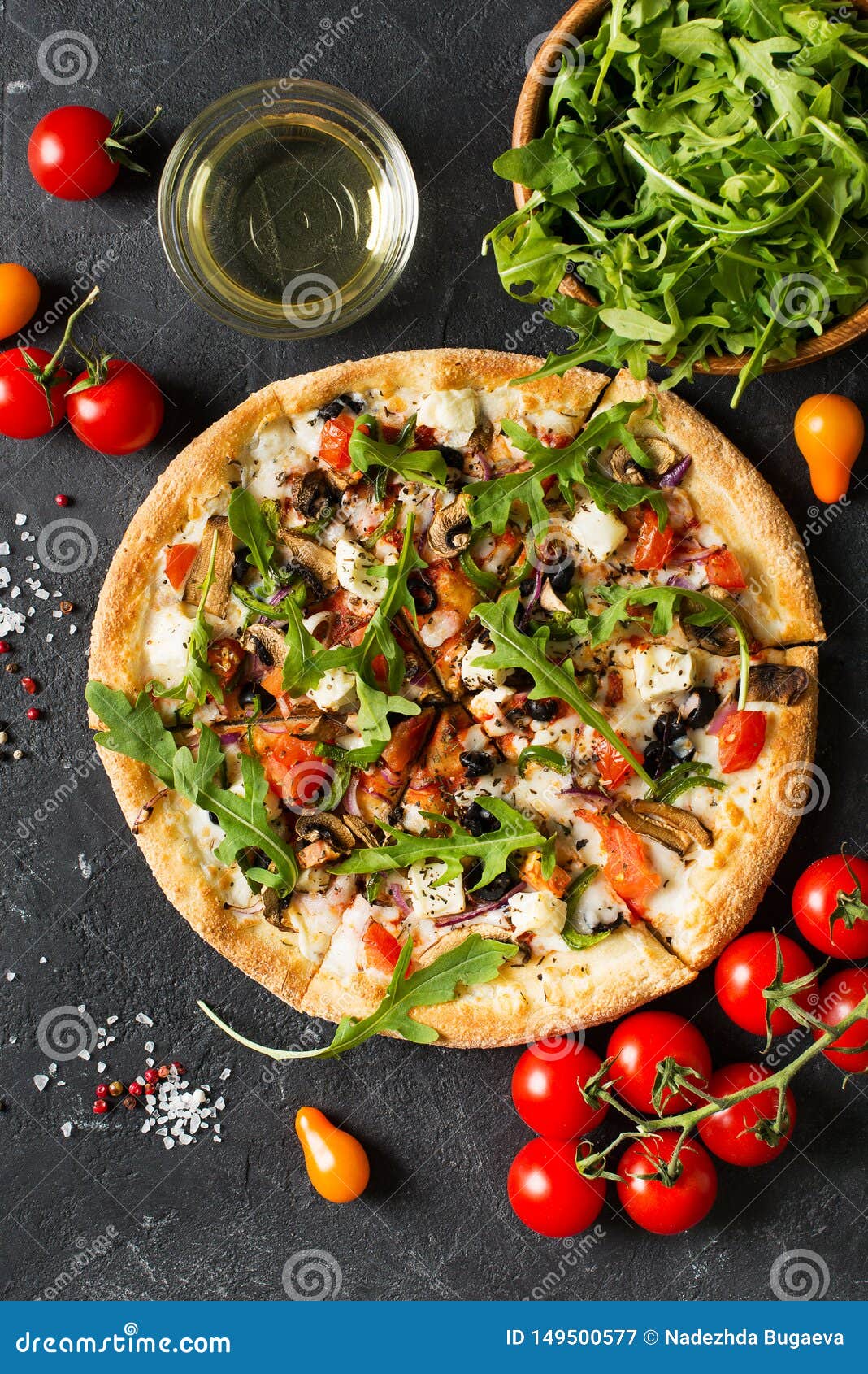 Vegetable Italian Pizza with Tomatos on Black Background Stock Image ...