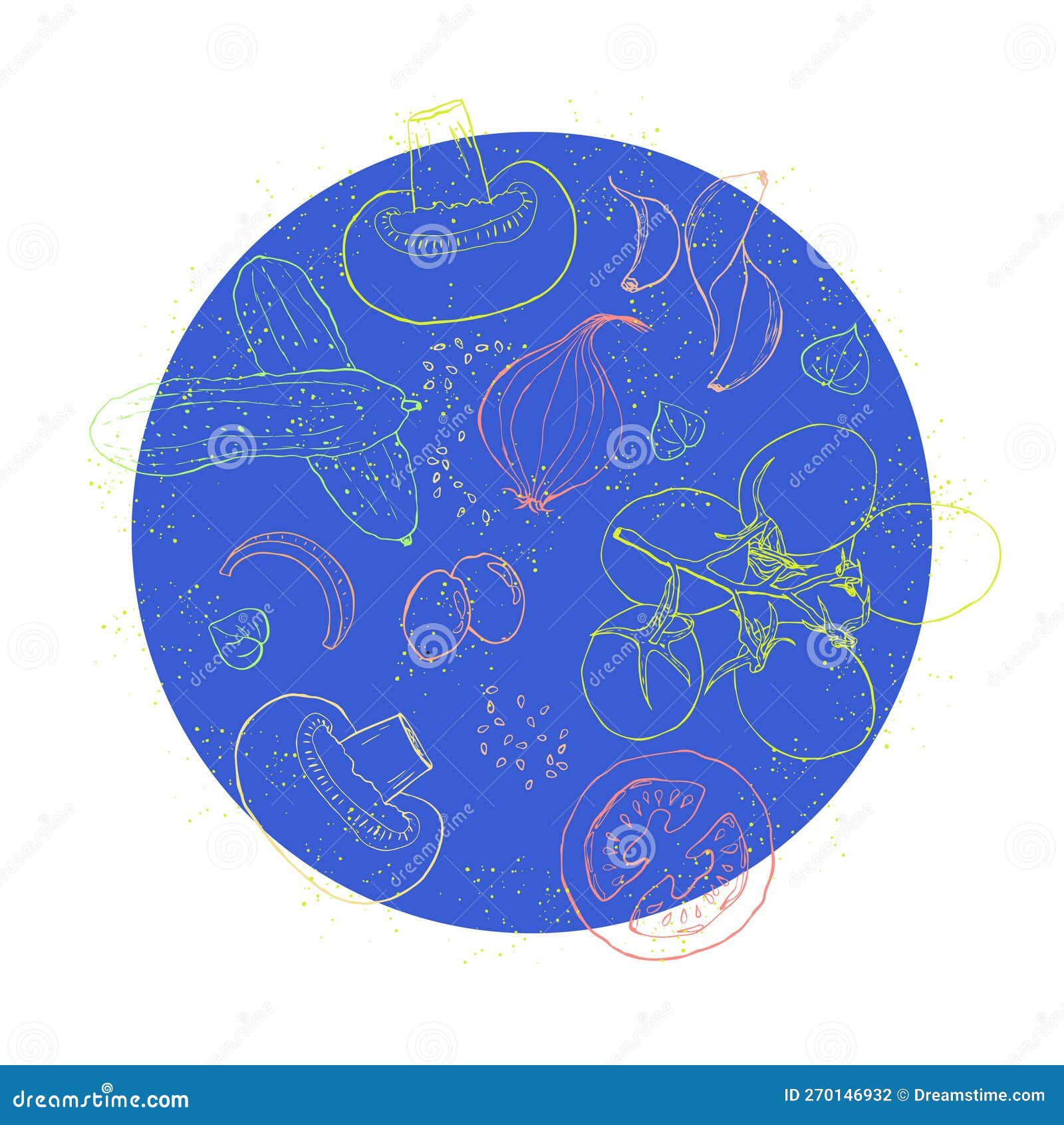 Vegetable Line Art Sketch Bright Circle Composition Stock Vector ...