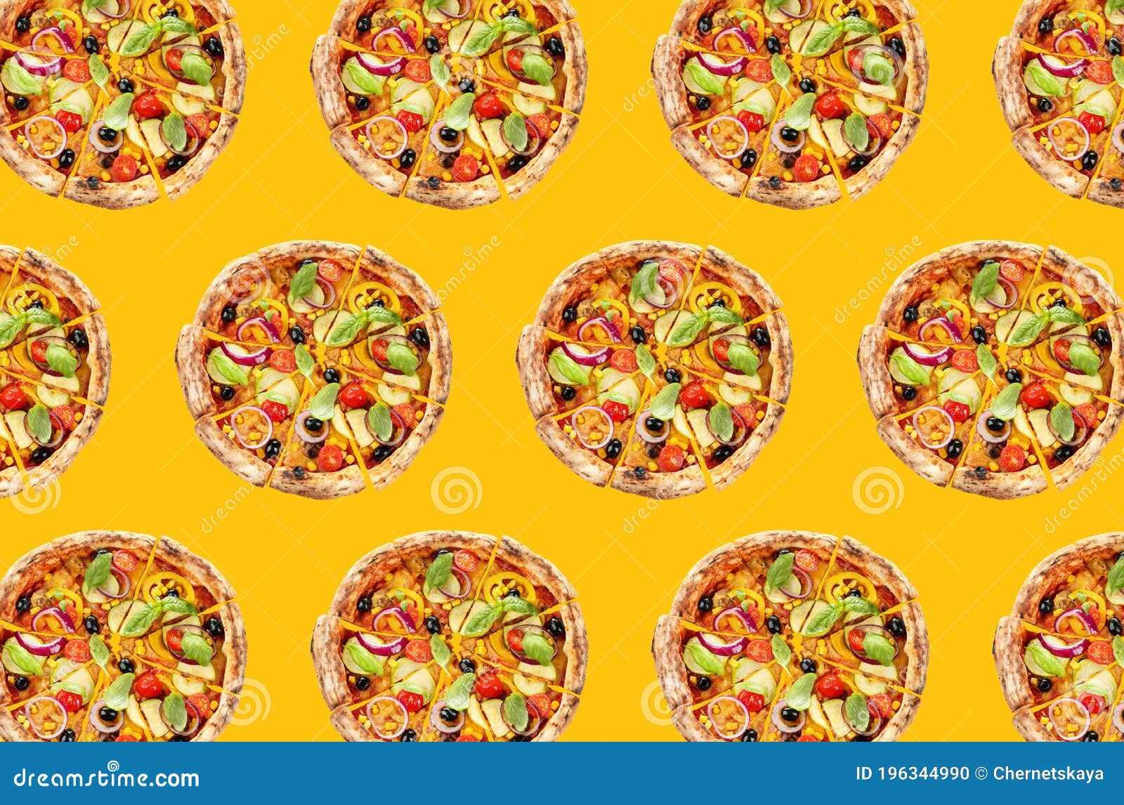 Vegetable Pizza Pattern Design on Yellow Stock Photo - Image of pieces ...