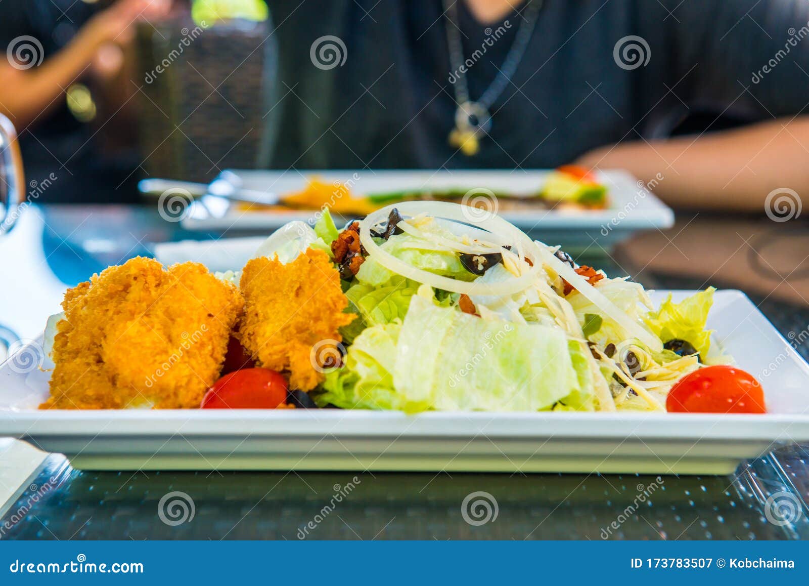Vegetable Salad with Breaded Fried Fish Stock Image - Image of gourmet ...