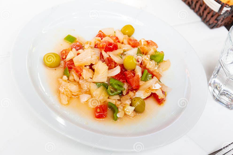 Vegetable salad with cod stock photo. Image of sliced - 285753682
