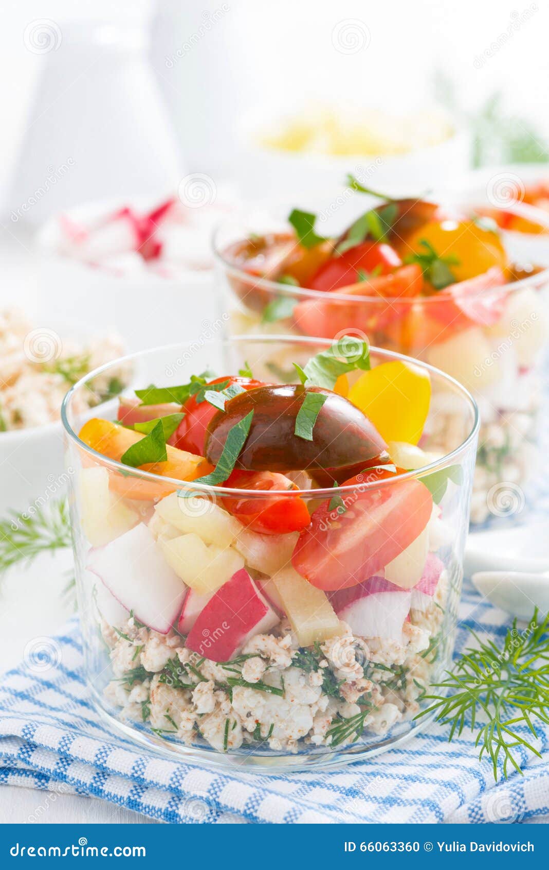 Vegetable Salad with Cottage Cheese in a Glass, Vertical Stock Photo ...