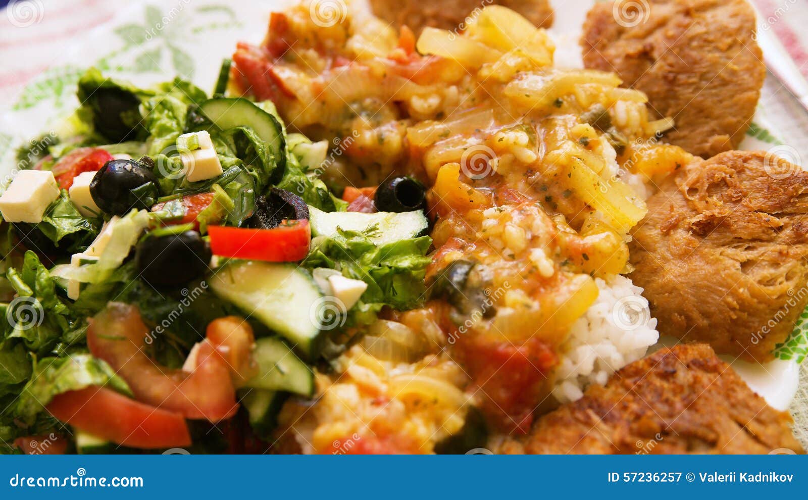 Vegetable Salad, Rice and Meat Stock Image - Image of cucumber, sauce ...