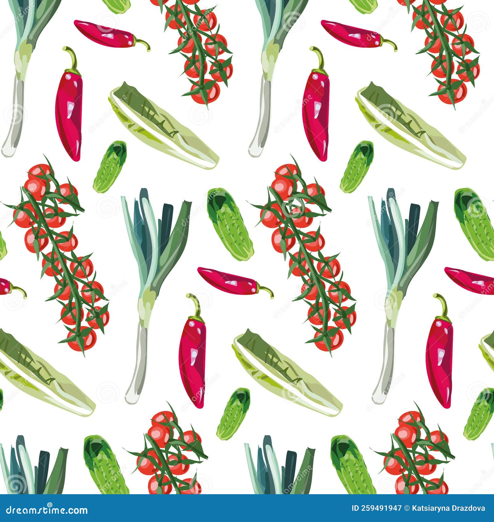 Vegetable Seamless Pattern with Cute Hand Drawing. Tomatoes, Leeks, Cucumbers, Chili Peppers and ...