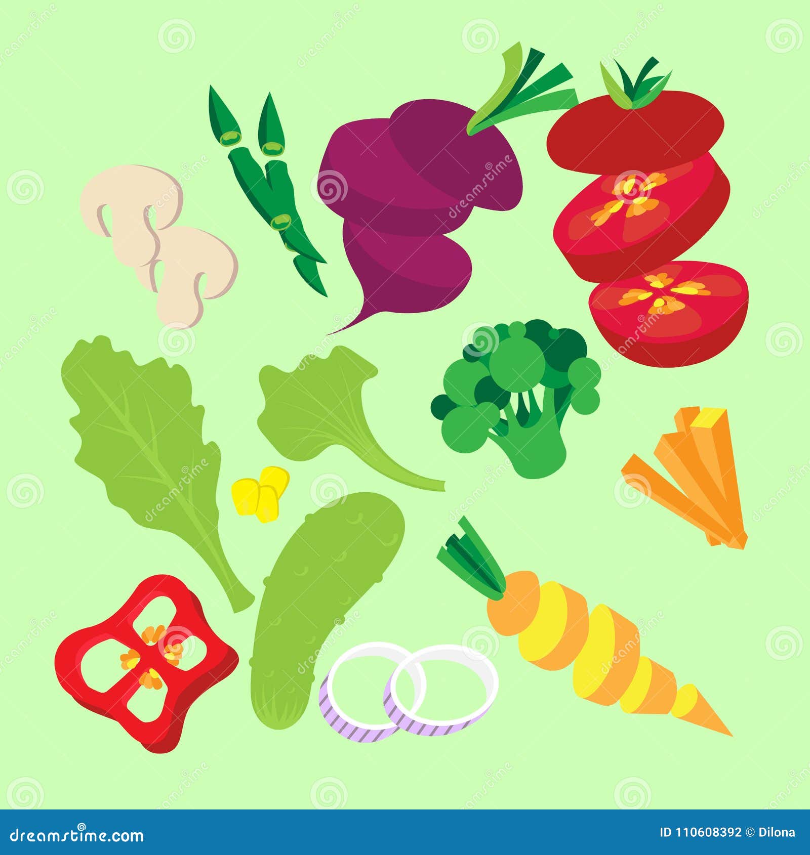 Vegetable Set. Vector Illustration. Cut Sliced and Chopped Various ...