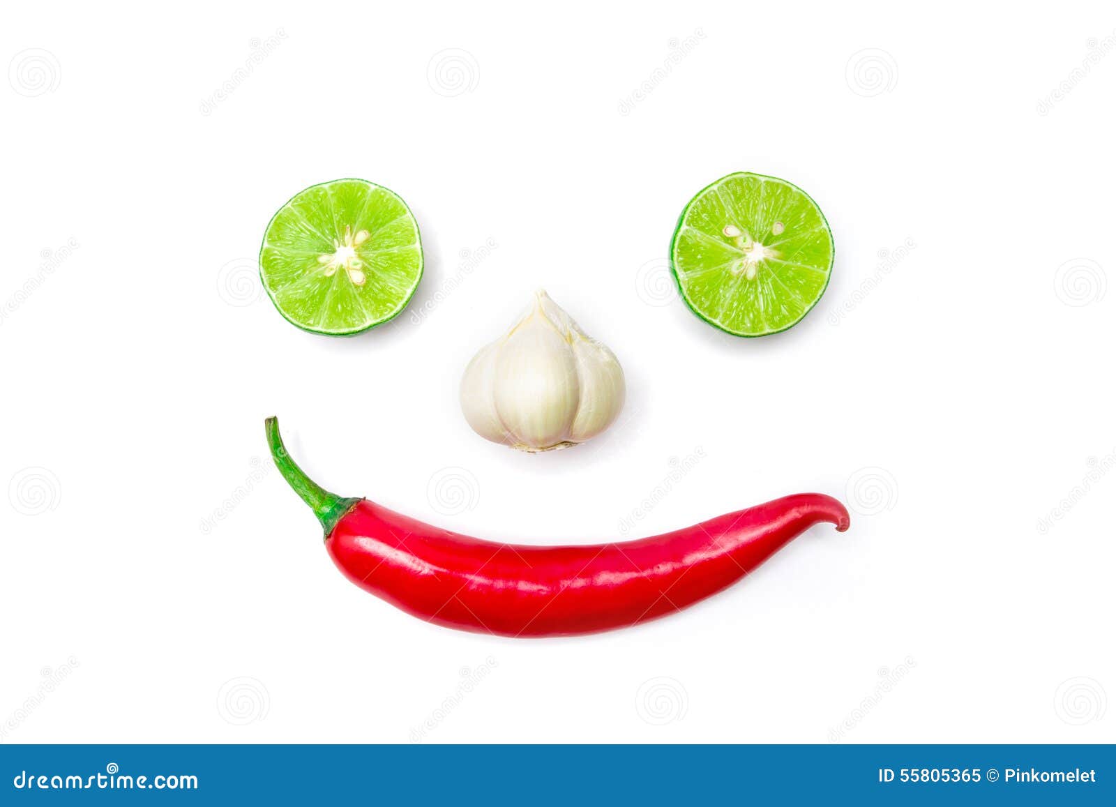 Vegetable Smiling Face From Red Chili Pepper , Garlic And Lime On White ...