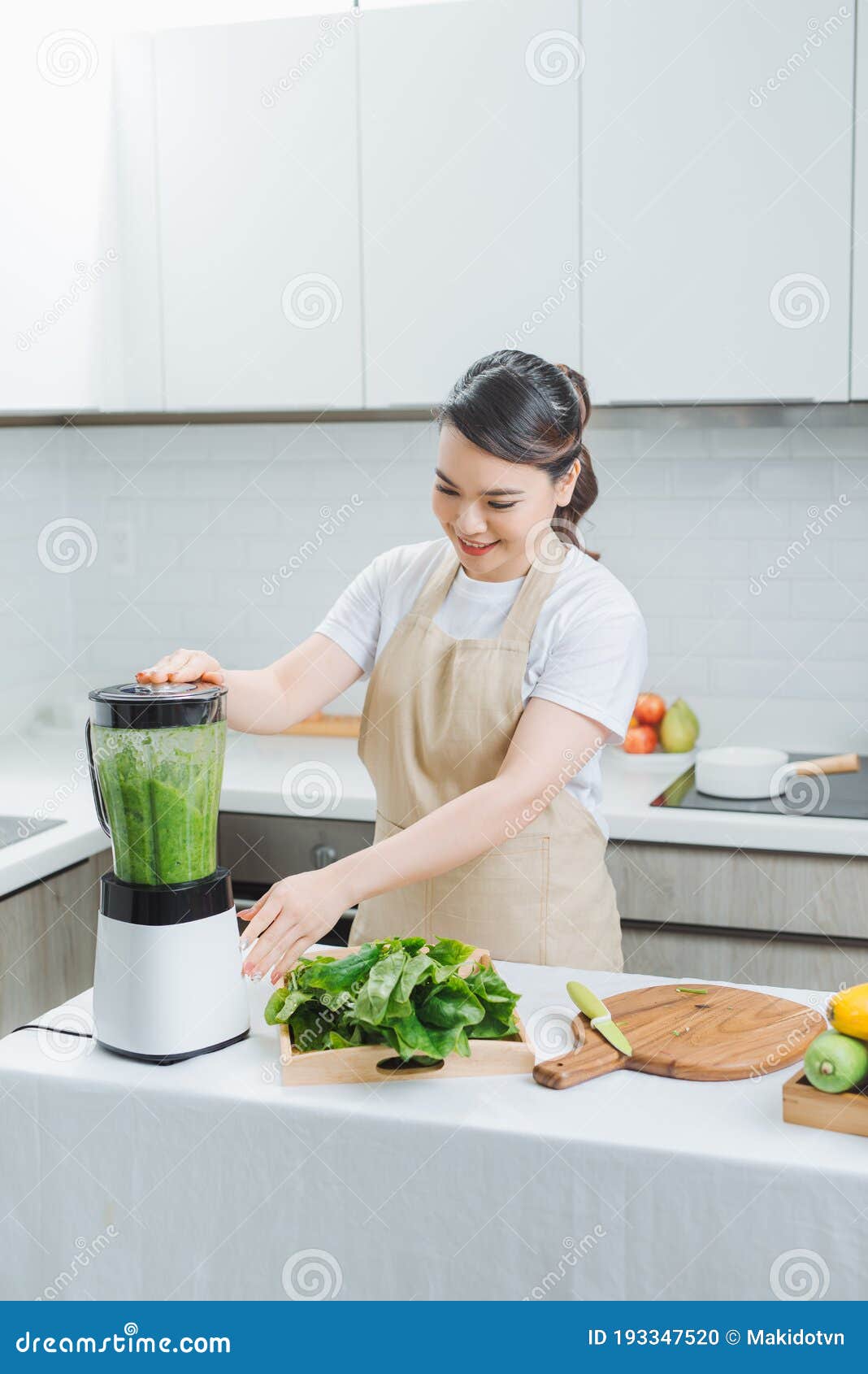 Vegetable Smoothie Woman Blending Green Smoothies With Blender Home In