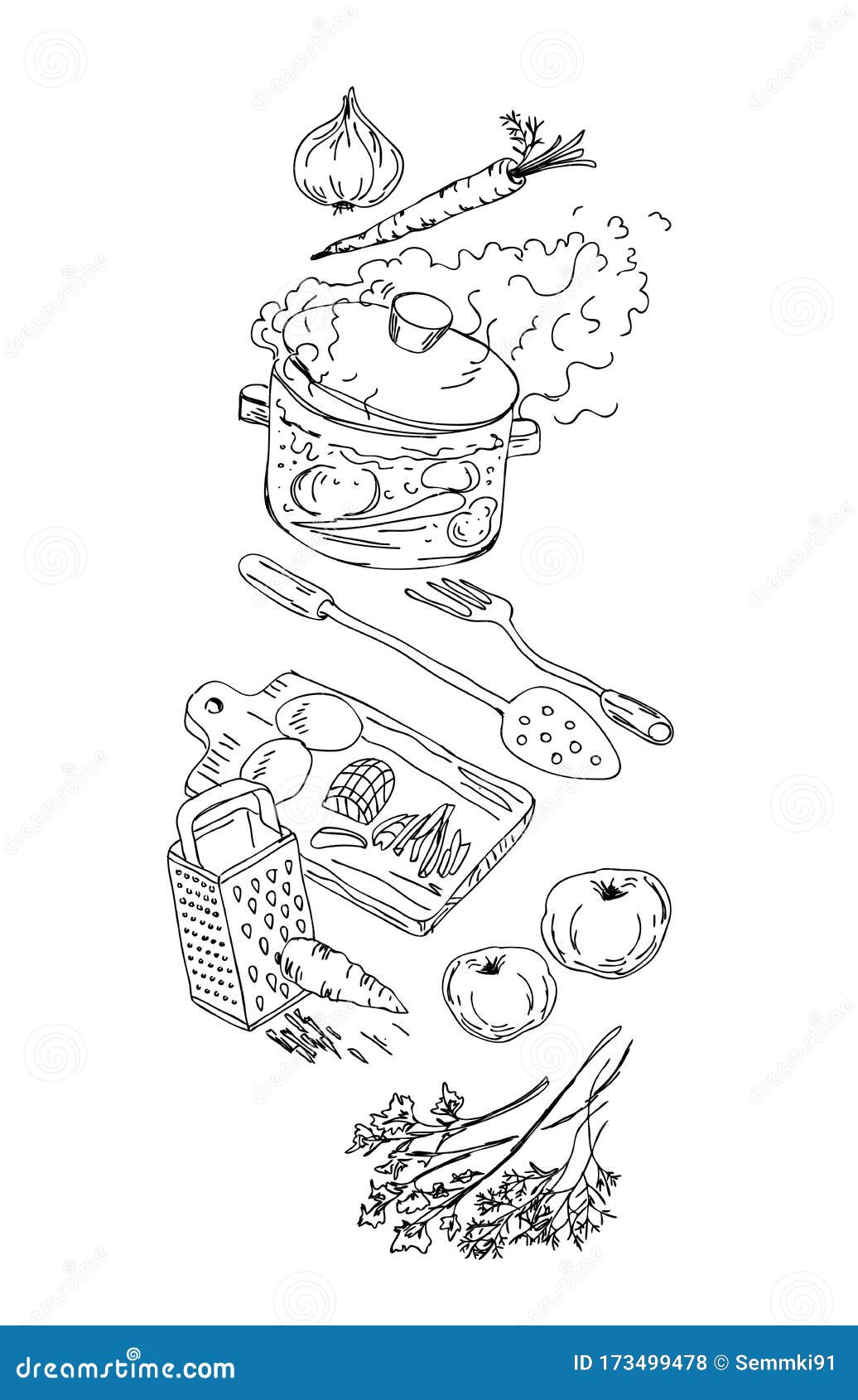 Vegetable Soup is Cooked in a Saucepan, Soup Recipe. Hand-drawn Vector ...