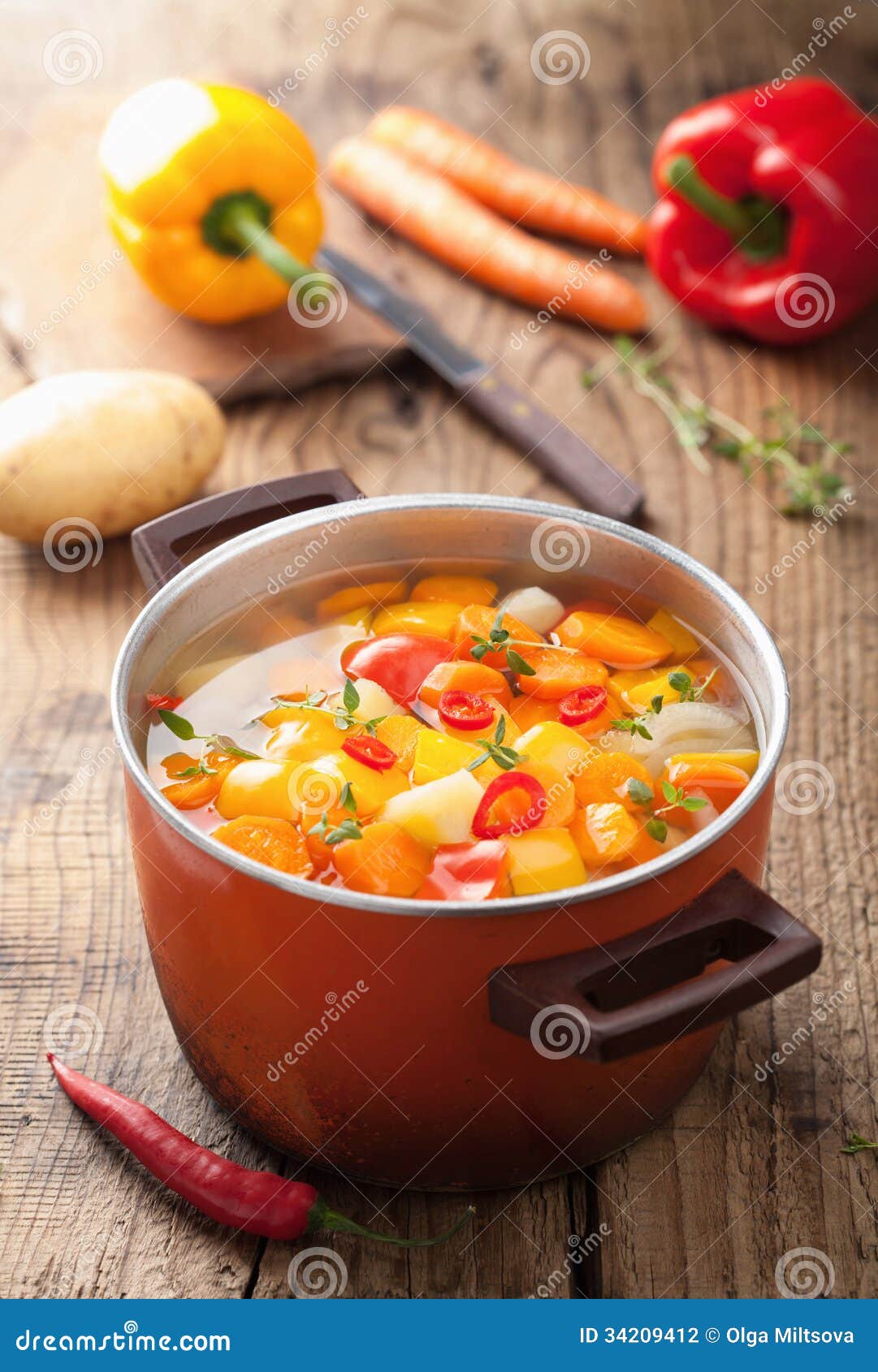 Vegetable soup in red pot stock photo. Image of meal - 34209412