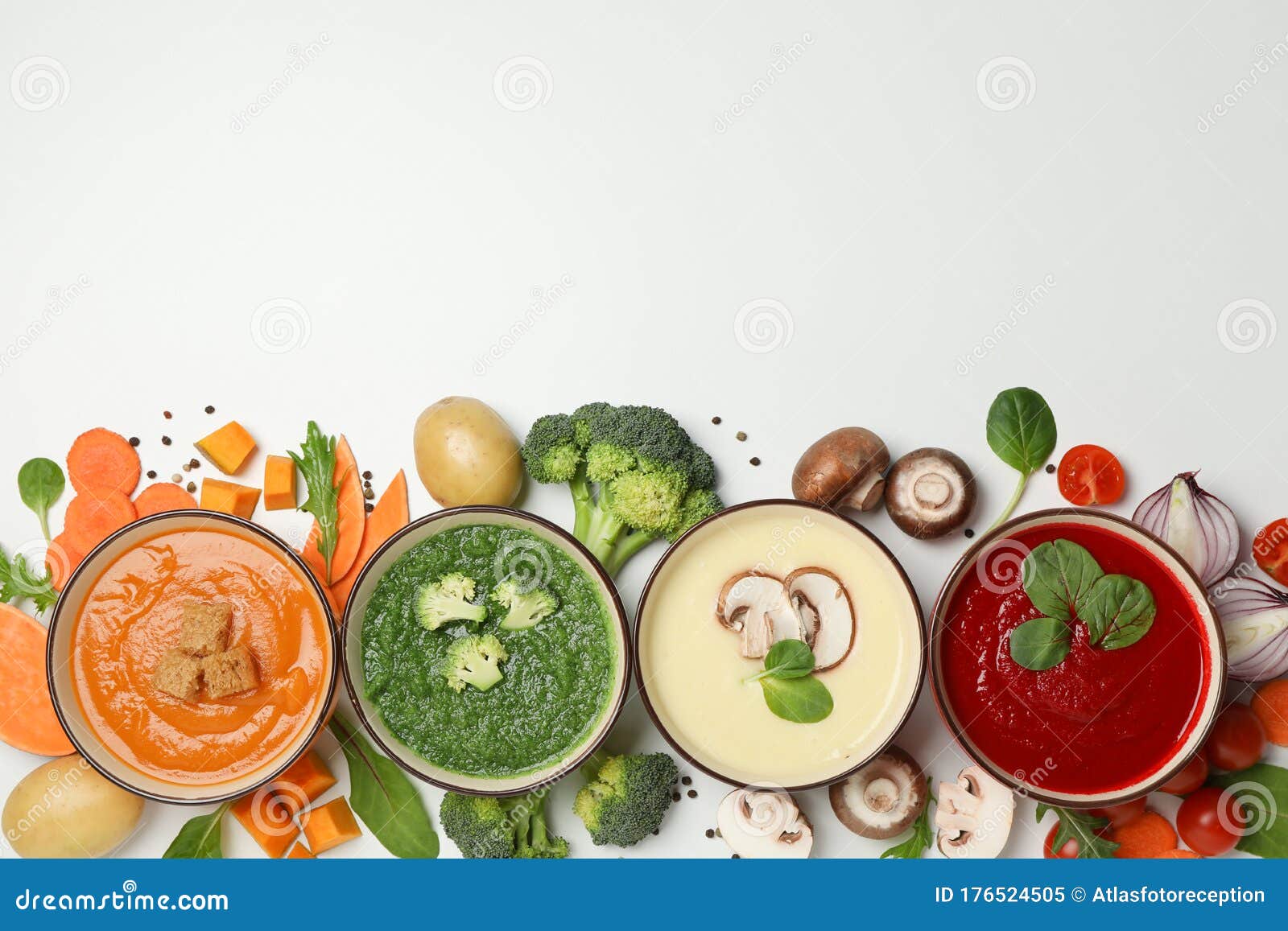 Vegetable Soups and Ingredients on Background, Space for Text Stock ...