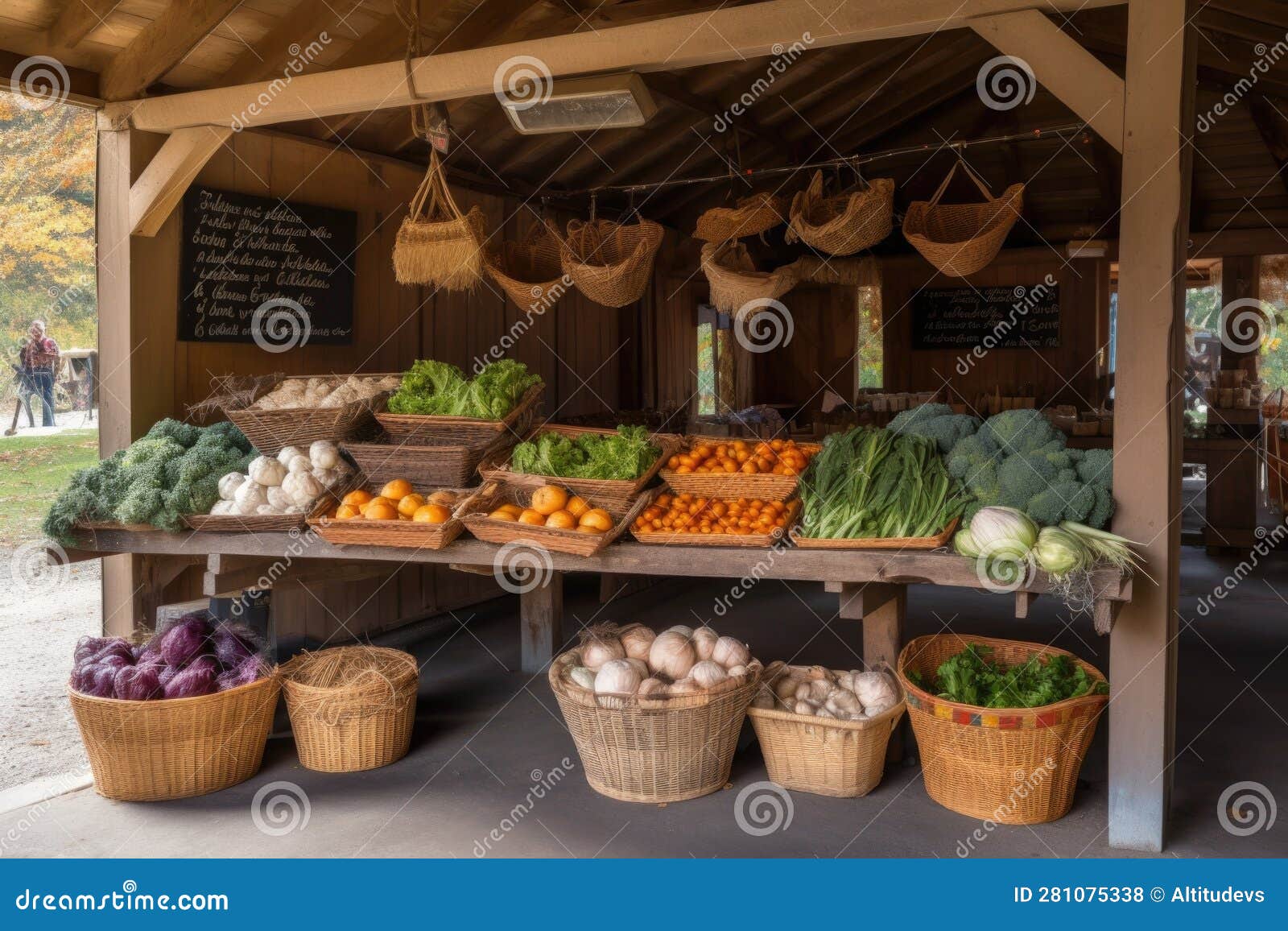Vegetable Stand with Baskets of Fresh Produce and Sign Stock ...