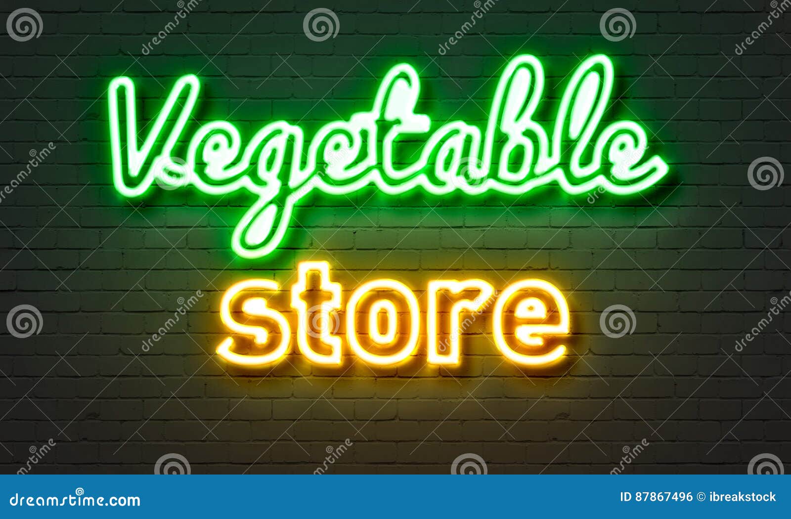 Vegetable Store Neon Sign on Brick Wall Background. Stock Illustration ...