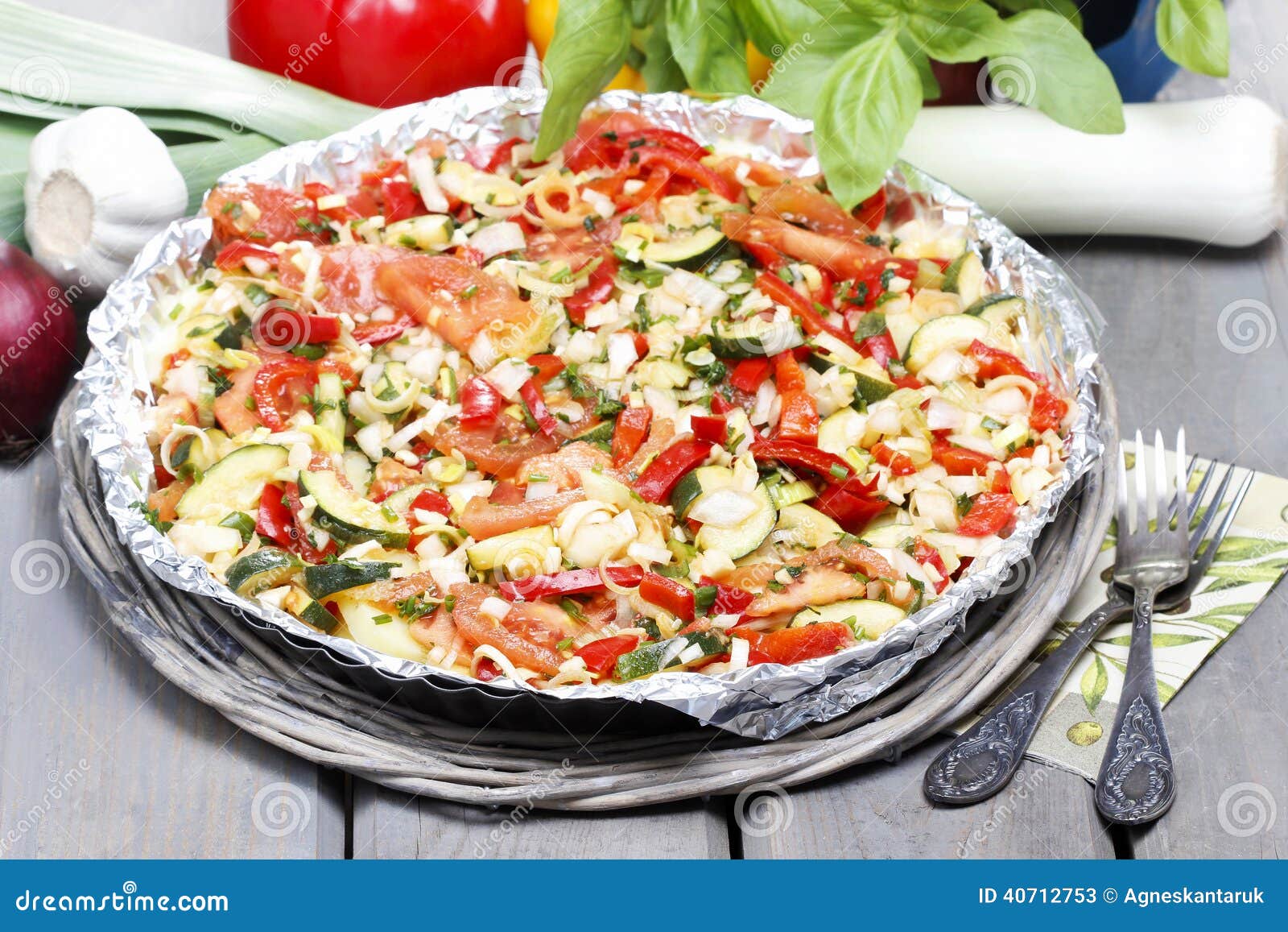 Vegetable Tart on Rustic Wooden Table in the Garden. Stock Image ...