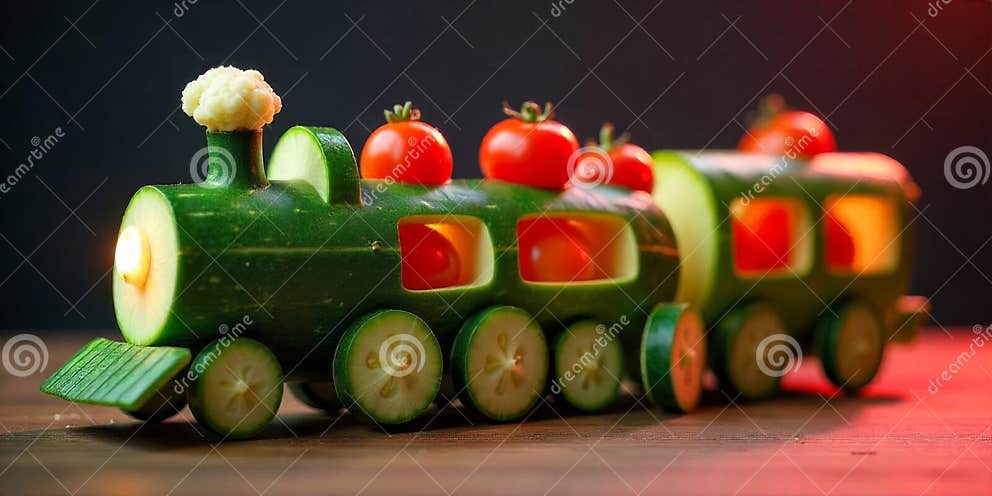 Vegetable Train Crafted from Cucumbers and Tomatoes on a Wooden Surface ...
