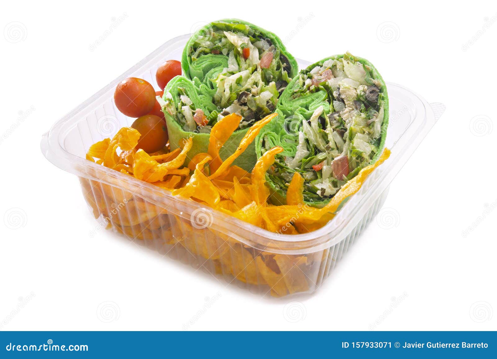Vegetable Wraps with Cherry Tomatoes and Sweet Potato Chips in Plastic ...