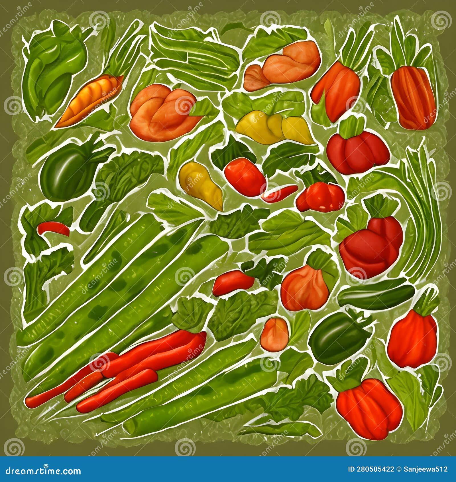 Vegetables in Cartoon Style on Green Background. Vector Illustration ...
