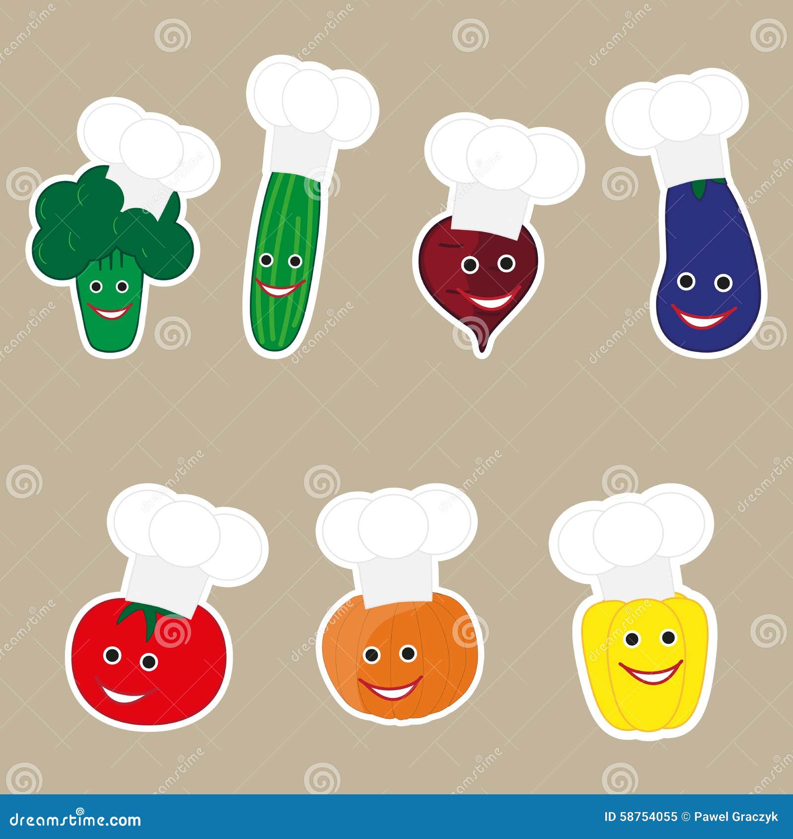 Vegetables in cook caps stock vector. Illustration of pepper - 58754055