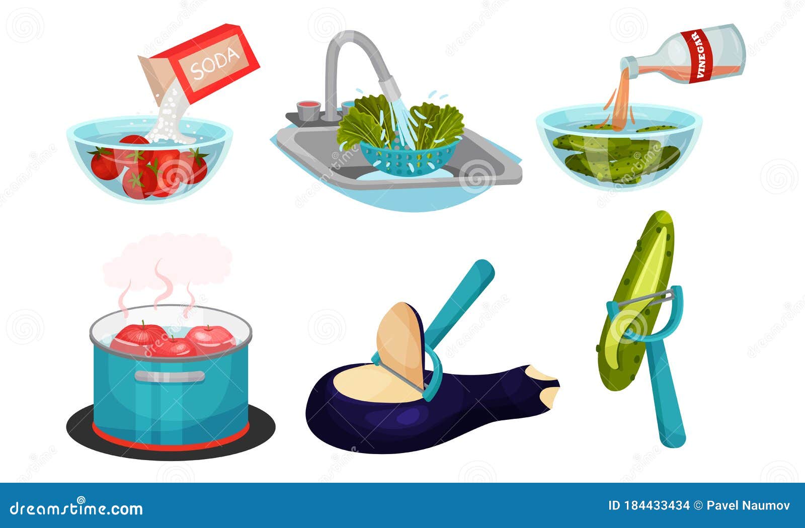 Vegetables Cooking With Water Steeping And Peeling Process Vector Set ...