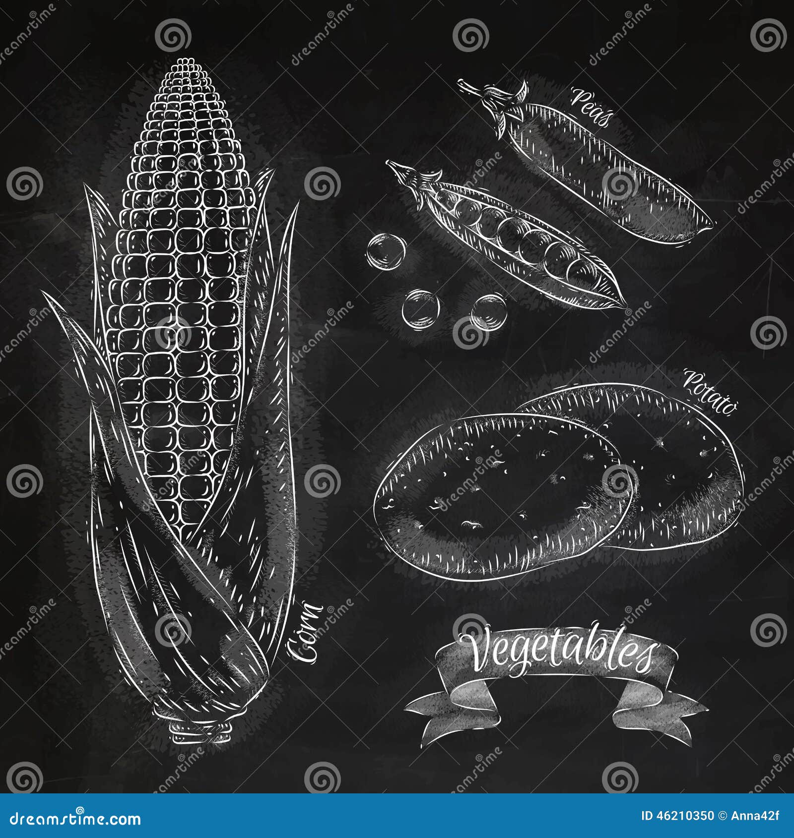 Vegetables Corn, Peas, Potatoes Chalk Stock Vector - Illustration of ...