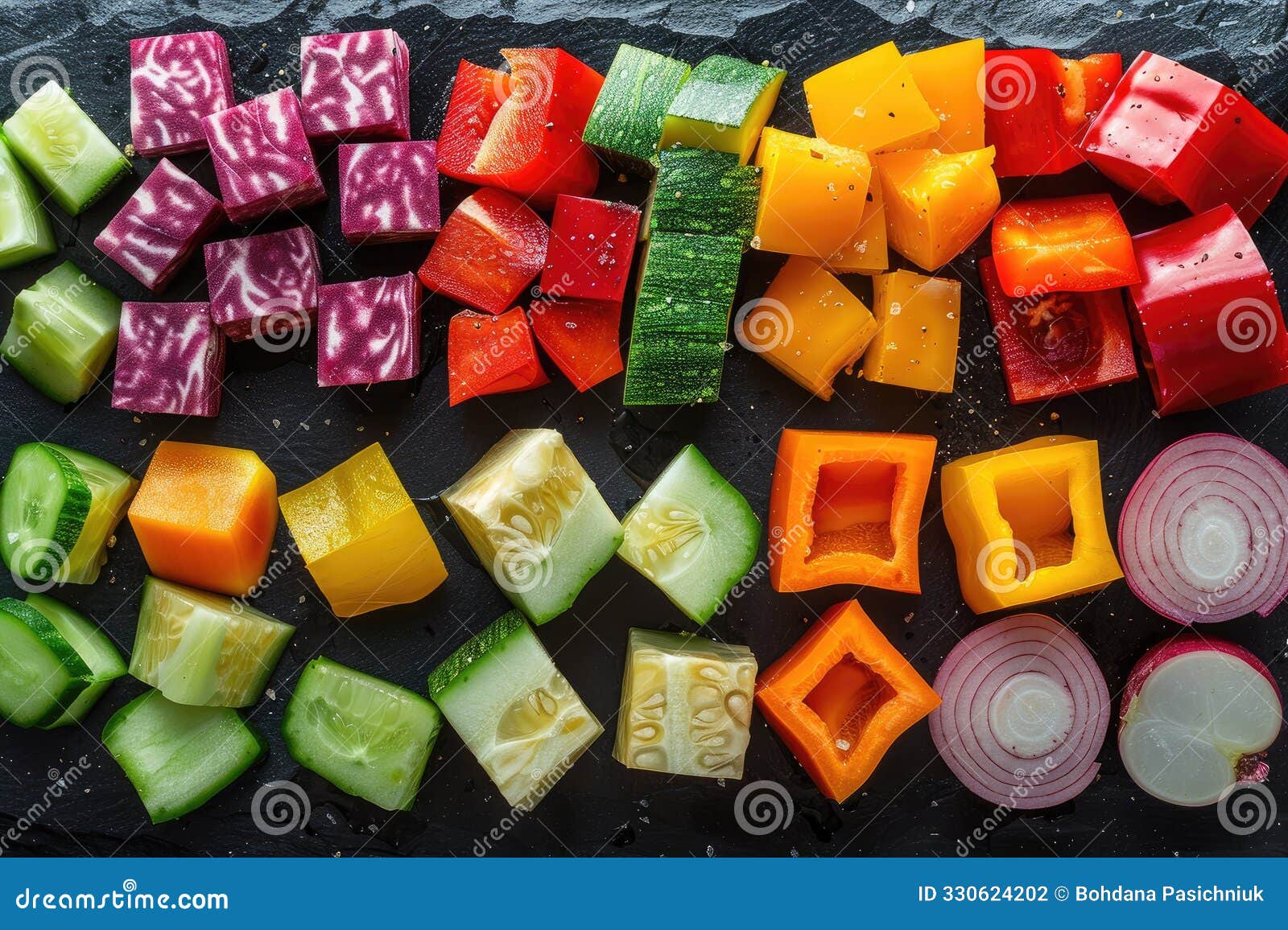 Vegetables are Cut into Cubes. Pepper, Cabbage, Onion, Cucumber ...