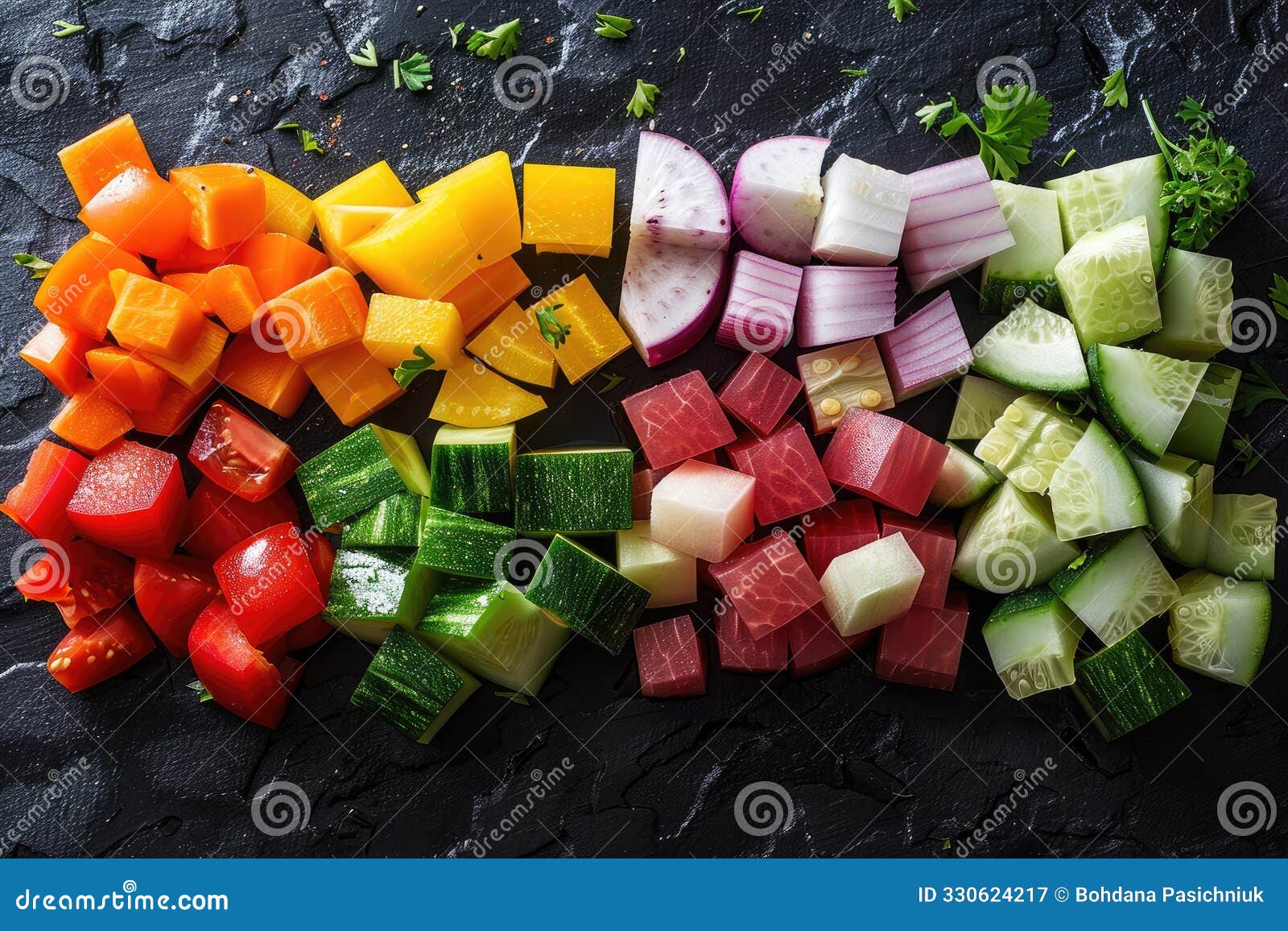Vegetables are Cut into Cubes. Pepper, Cabbage, Onion, Cucumber ...