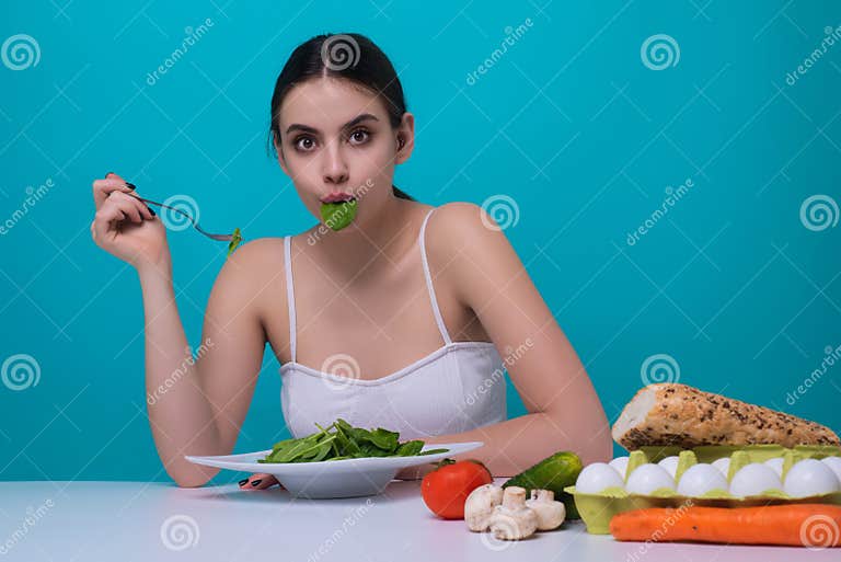 Vegetables Diet Funny Woman Eating Healthy Food Dieting Girl Eating